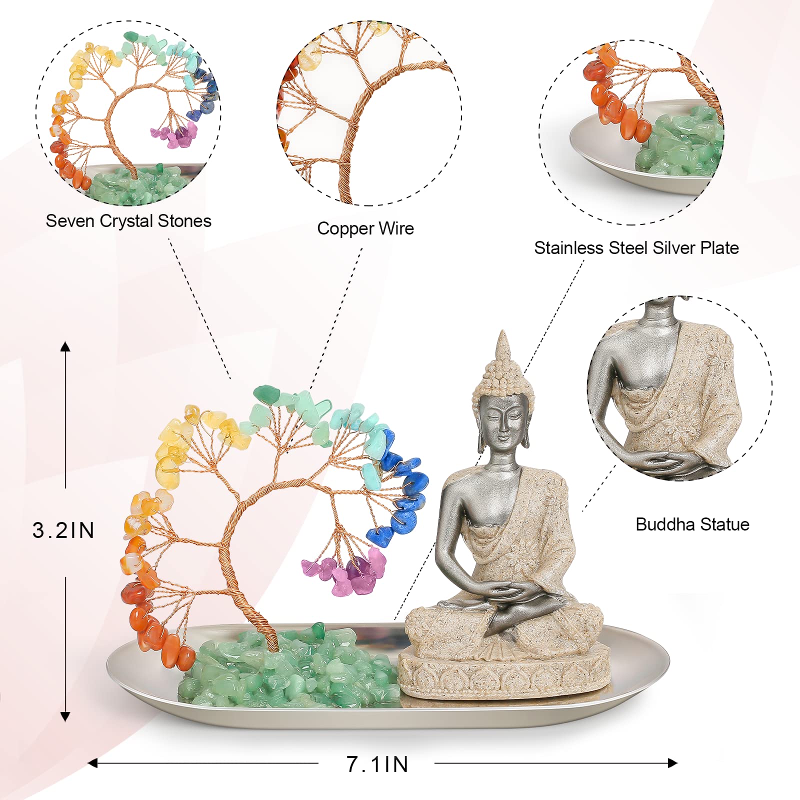 INNOLITES 7 Chakra Crystal Tree and Buddha Statue set, Yoga Meditation Decor, Money Tree and Buda Statues for Home Living Room Office Shelf Decoration Wealth and Luck(Silver)