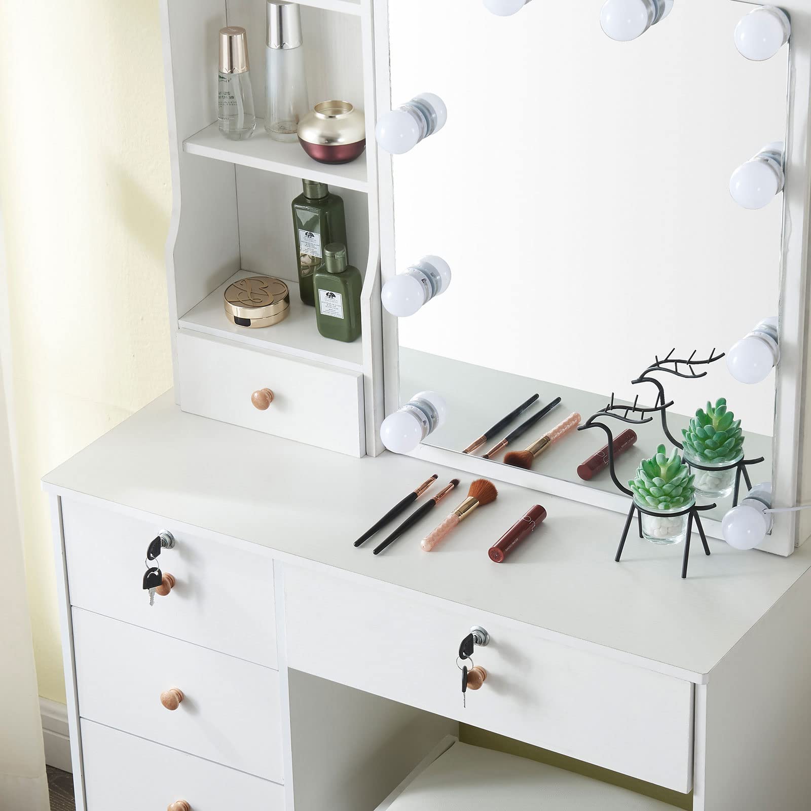 JBLCC Vanity Desk with Lights,Makeup Vanity with Sliding Mirror and 6 Drawers,3 Lighting Modes Adjustable Brightness,Girls Vanity Set,Makeup Vanity Table for Bedroom (Modern 05)