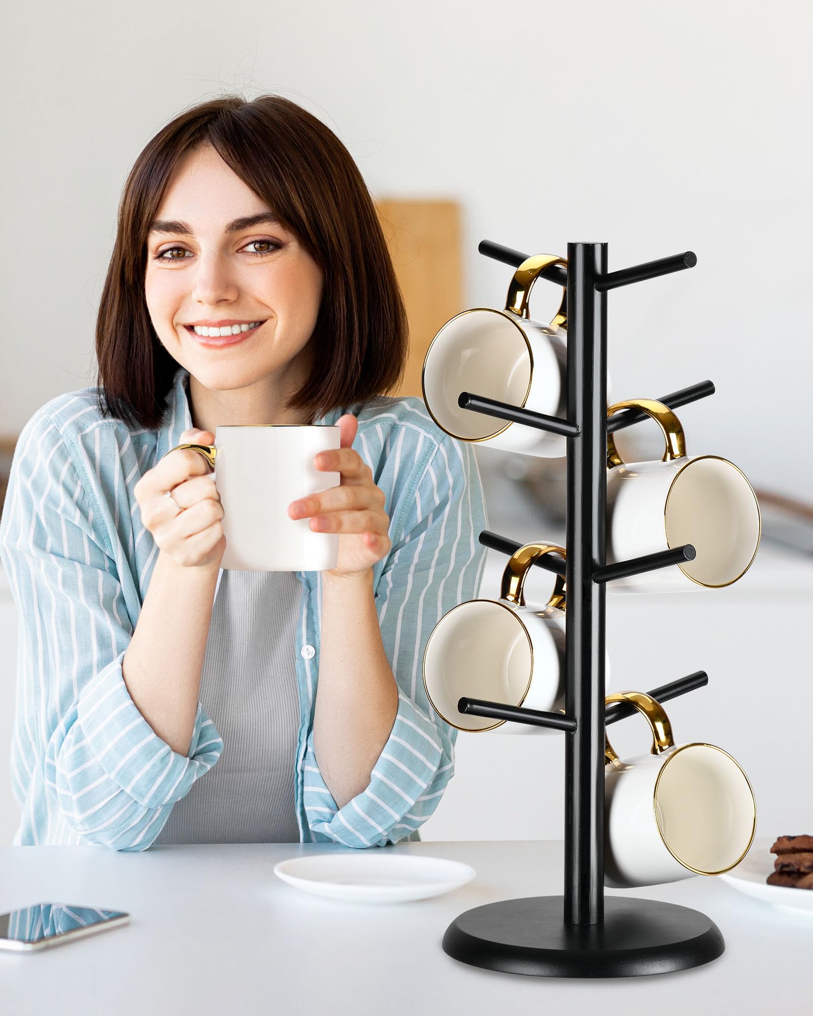 Lorbro Coffee Mug Tree with 8 Hooks, Mug Tree Stand, Bamboo Coffee Cup Holder, Countertop Mug Tree, Mug Stand Kitchen Organizer, Cafe Accessories Decor & Kitchen Organizer Storage Stand (Black)