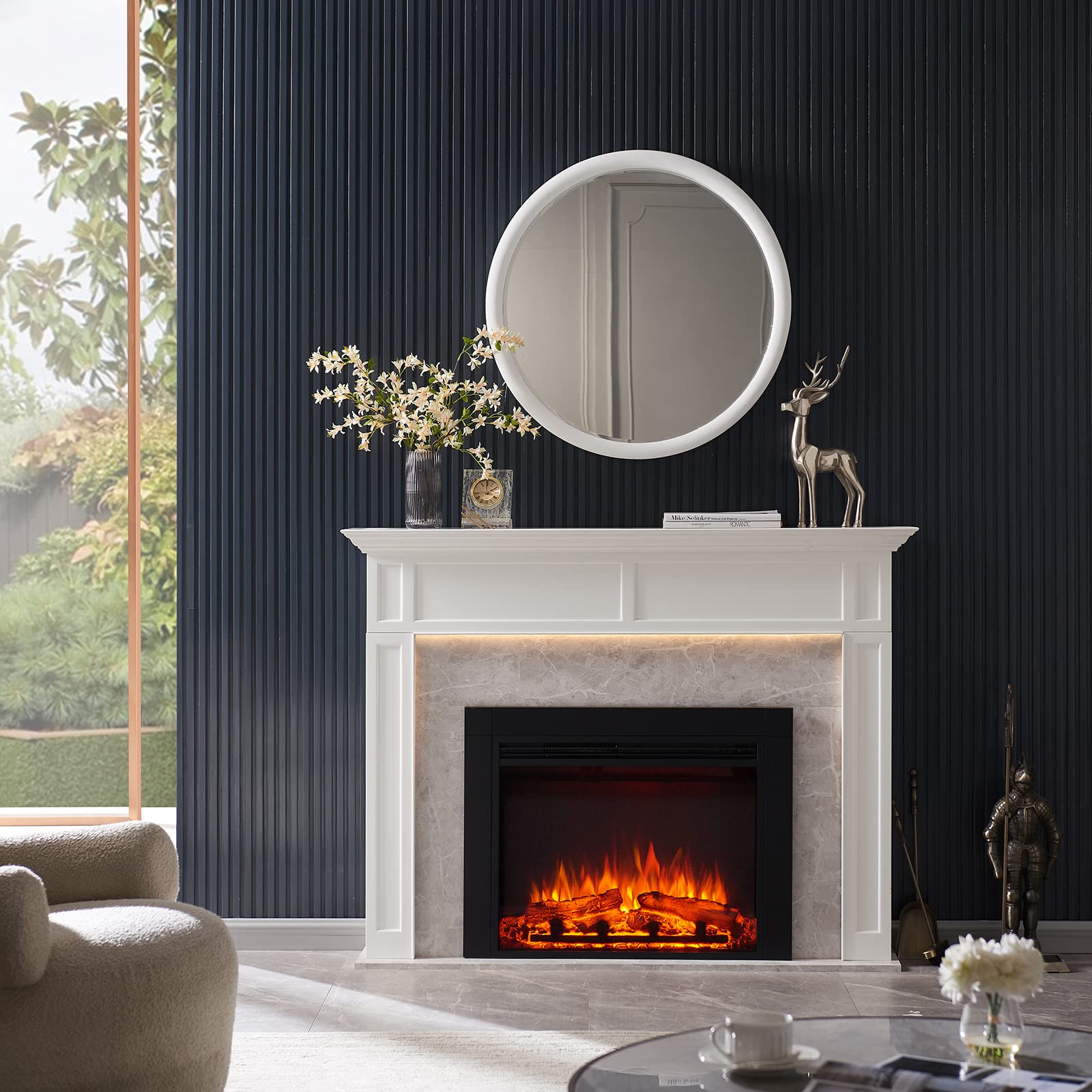 LegendFlame® Ashley Electric Fireplace with 60" Mantel Surround and Jaden 36" Insert, Cream White with Light Grey Marble Finish