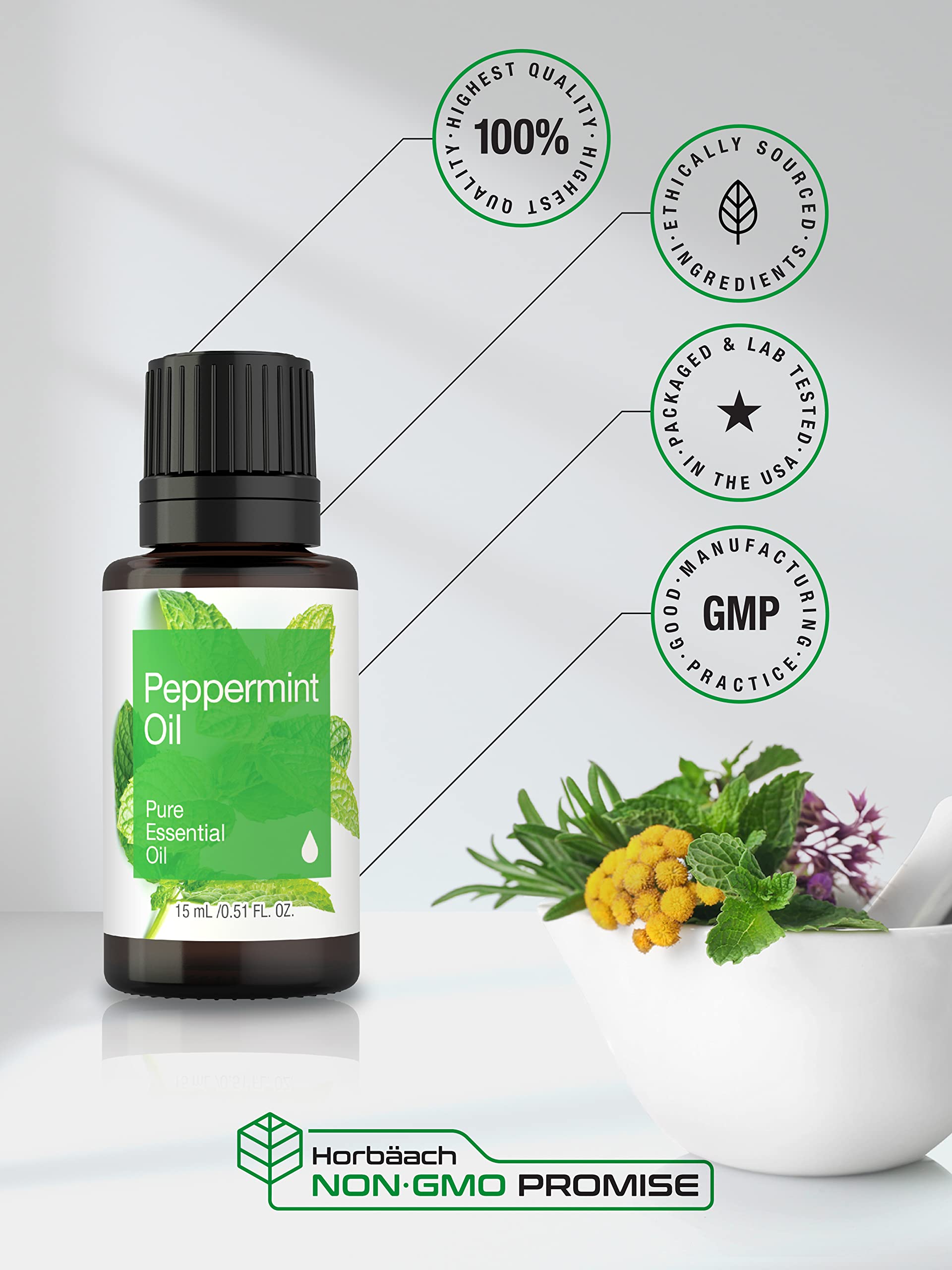 Horbäach Peppermint Essential Oil | .51 fl oz (15mL) | for Massage, Bath & Diffuser