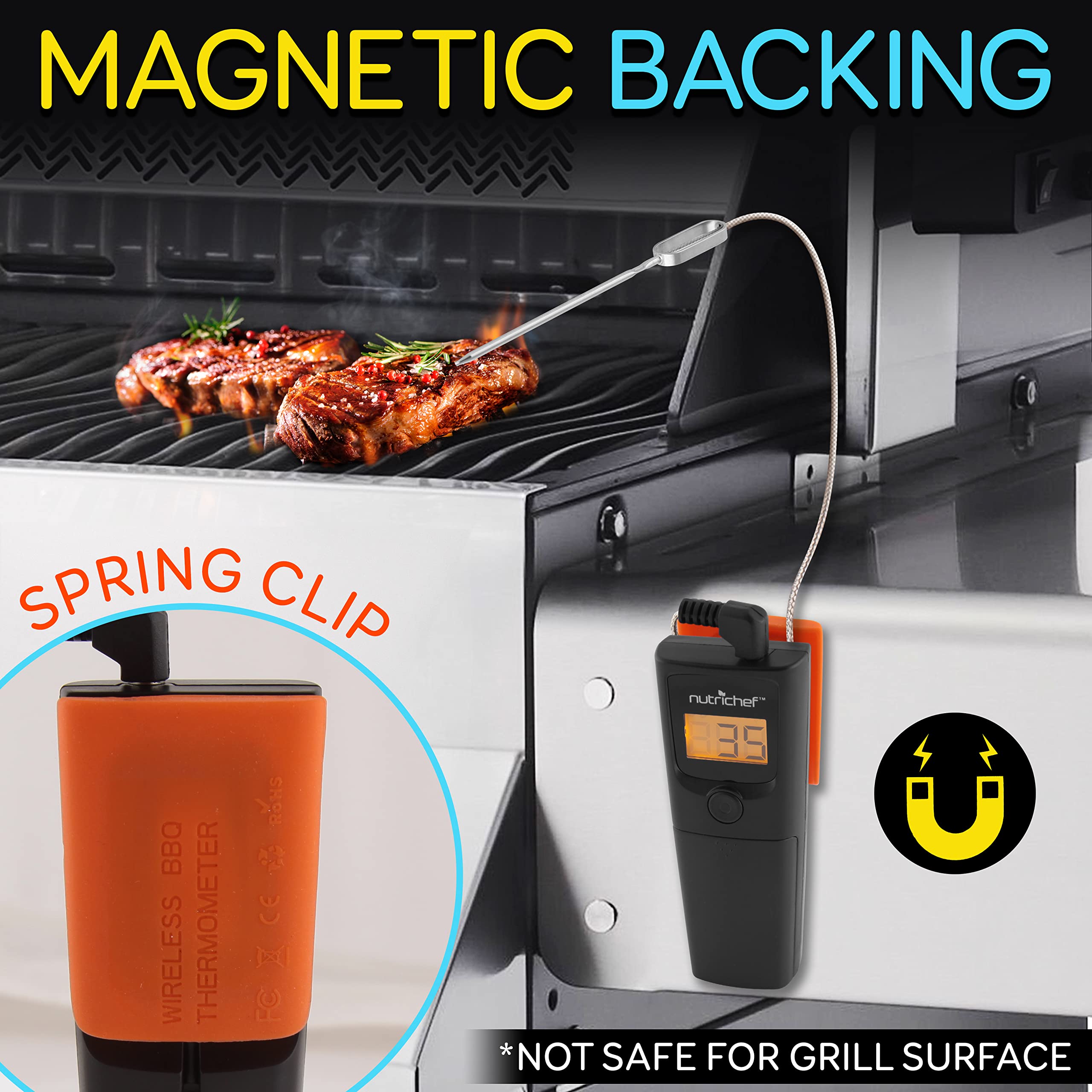 NutriChef Bluetooth Grill BBQ Meat Thermometer, 150 ft Wireless Digital Monitoring Timer & Alarm for Smoker, Oven