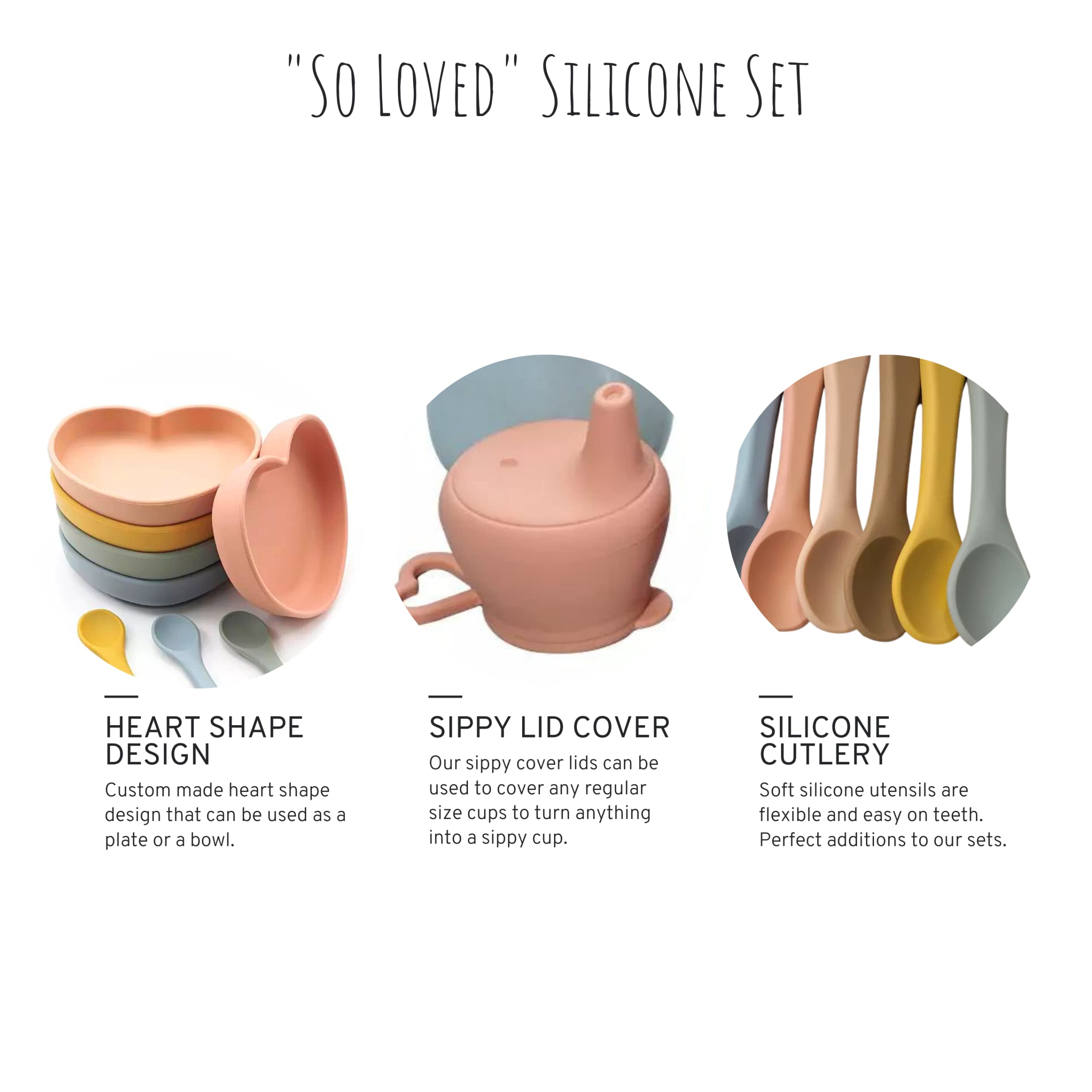 Rosebud & Bloom Shaped Silicone Feeding Set 5 Piece Baby & Toddler Tableware Silicone Set, Bib, Rosebud & Bloom Plate/Bowl, Fork & Spoon, Sippy Cup Lid Small Standard