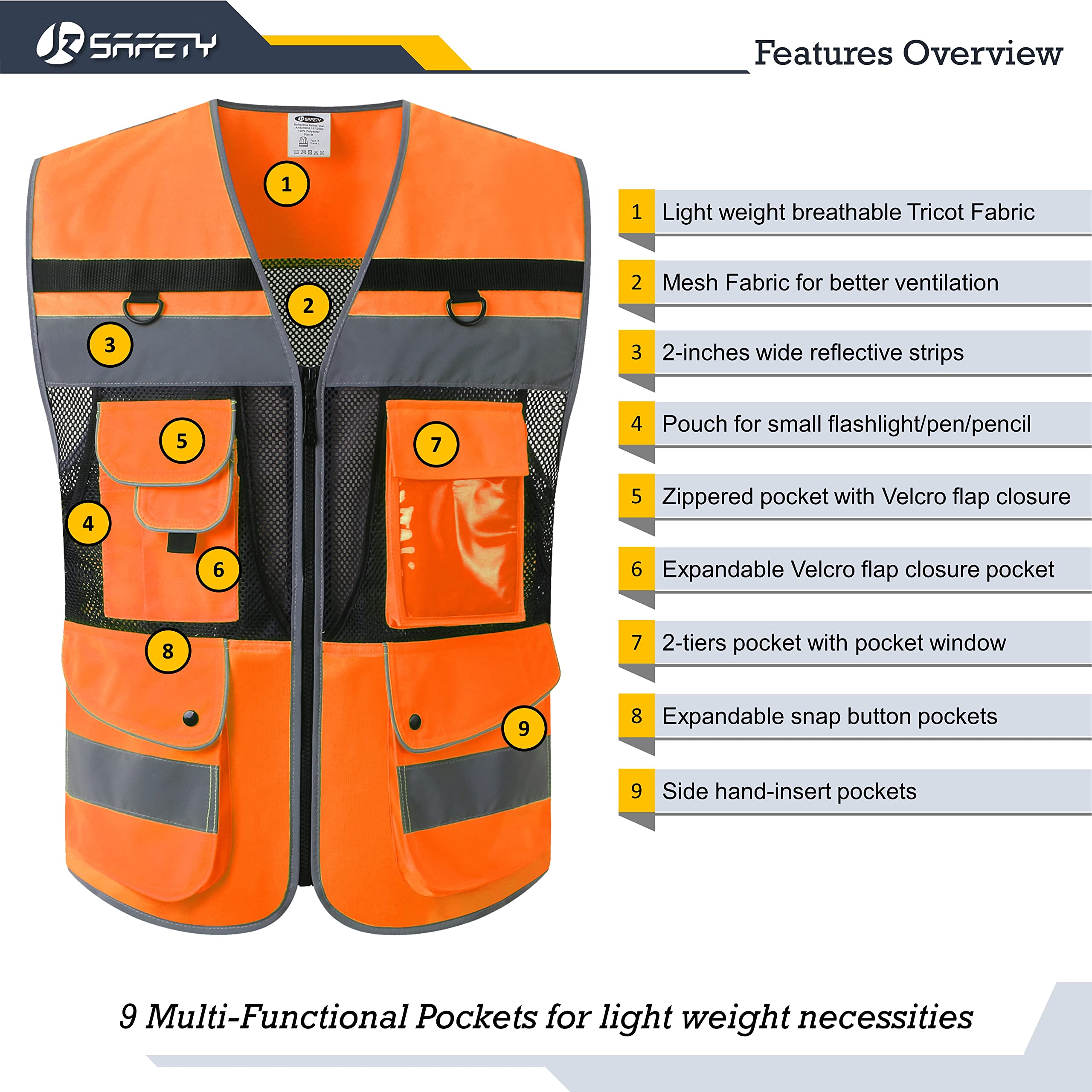 JKSafety 12 Pockets Class 2 High Visible Reflective Safety Vest Zipper Front Back Pockets Mesh Lining, Yellow-Black Meets ANSI/ISEA Standards (180-Yellow-Black XXL)