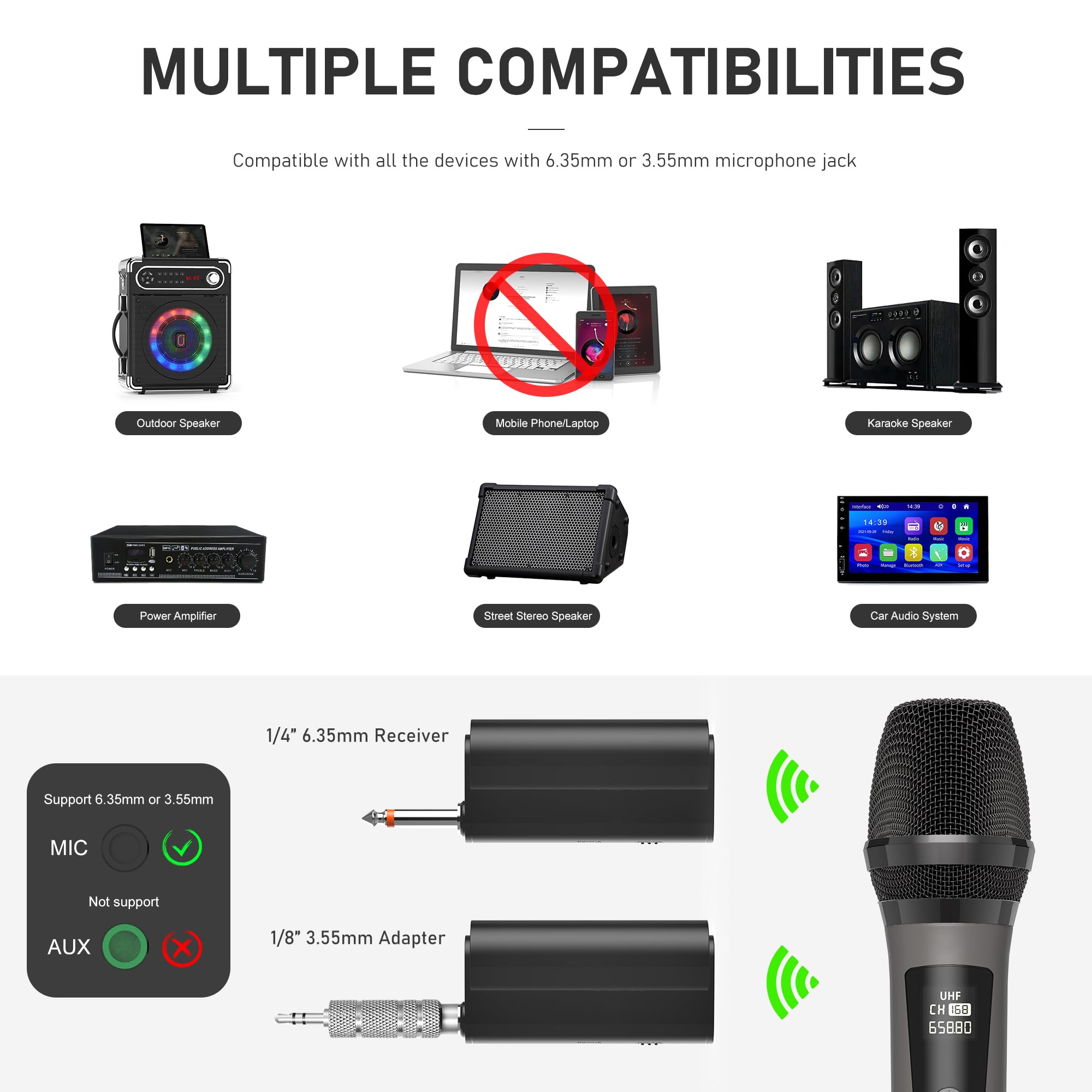 JYX Wireless Microphone, Dual UHF Metal Rechargeable Handheld Dynamic Cordless Mic, Karaoke Microphone with Receiver, 6.35mm (1/4") Output, 3.5mm (1/8") Adapter, 160 ft Range, for Party, DJ, Meeting