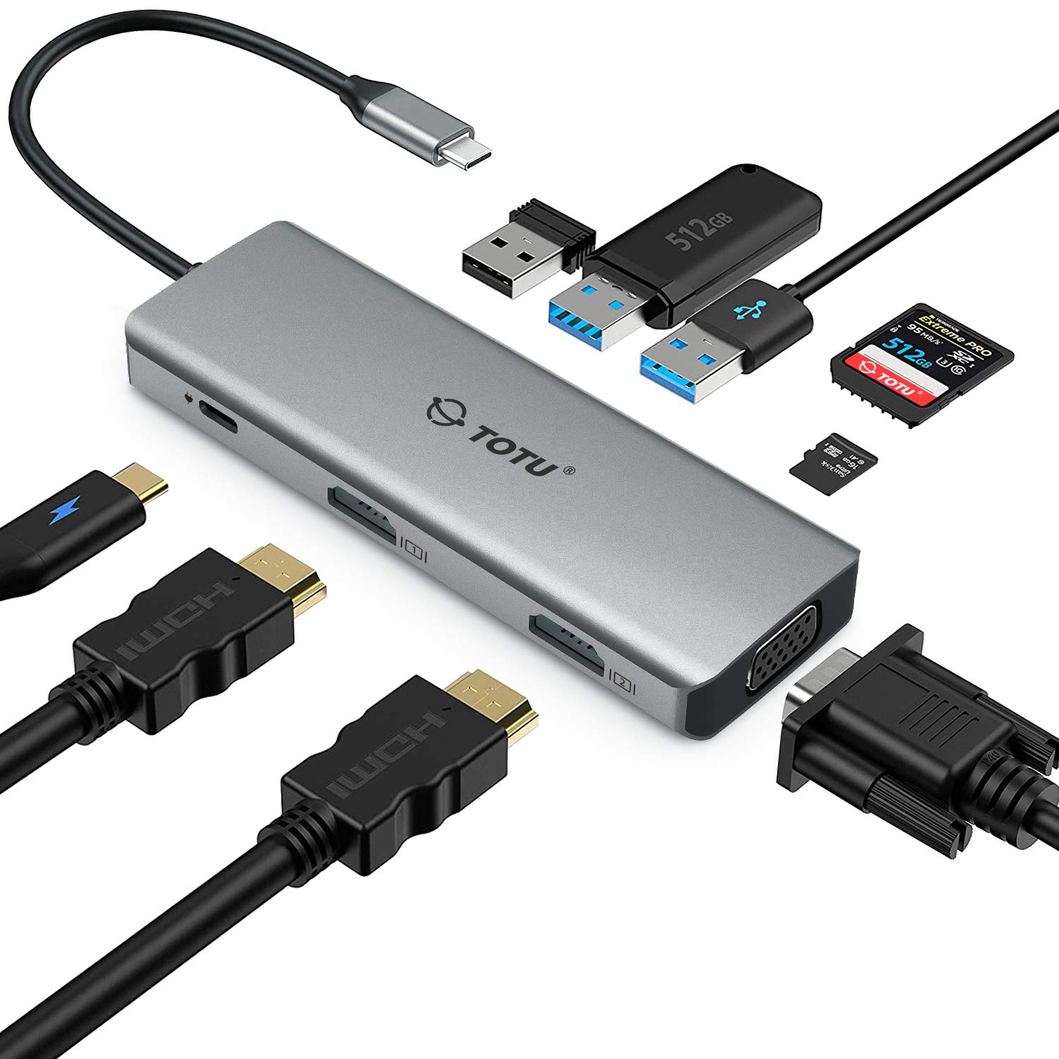 TOTU 9 in 1 Triple Display USB C Hub with Dual 4K HDMI and VGA Port & 6 in 1 4K HDMI VGA USB C Hub