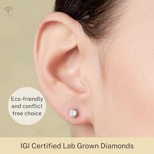 MAX + STONE IGI Certified 1/2 Carat Lab Grown Diamond Stud Earrings in 14k Real White Gold with 4-Prong Setting