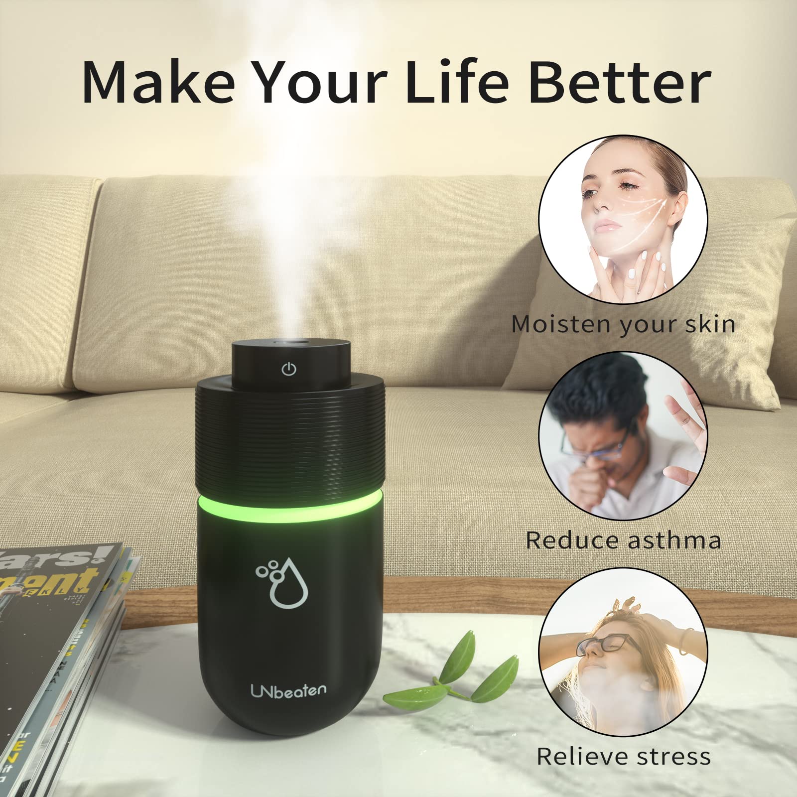 Portable Mini Humidifier, UNbeaten Small Colorful Night Light USB Desk Humidifier for Plants Baby Bedroom Car Office Home,Two Spray Modes,Super Quiet
