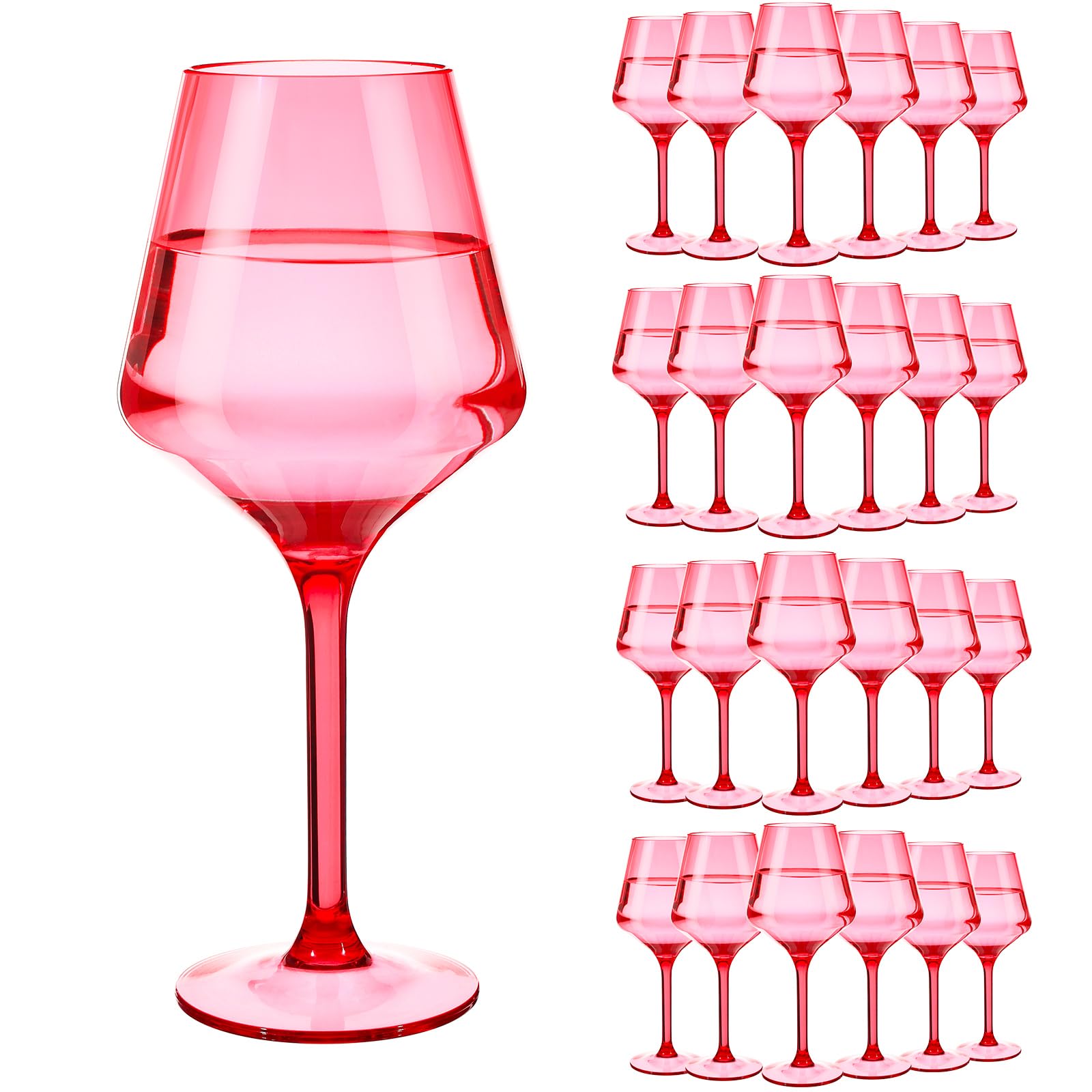 Leinuosen 24 Pcs Plastic Wine Glasses Bulk 15 oz Pink Crystal Colored Wine Glasses with Long Stem Unbreakable Plastic Goblets Stemmed Drinking Glasses Reusable Drinkware for Christmas Party