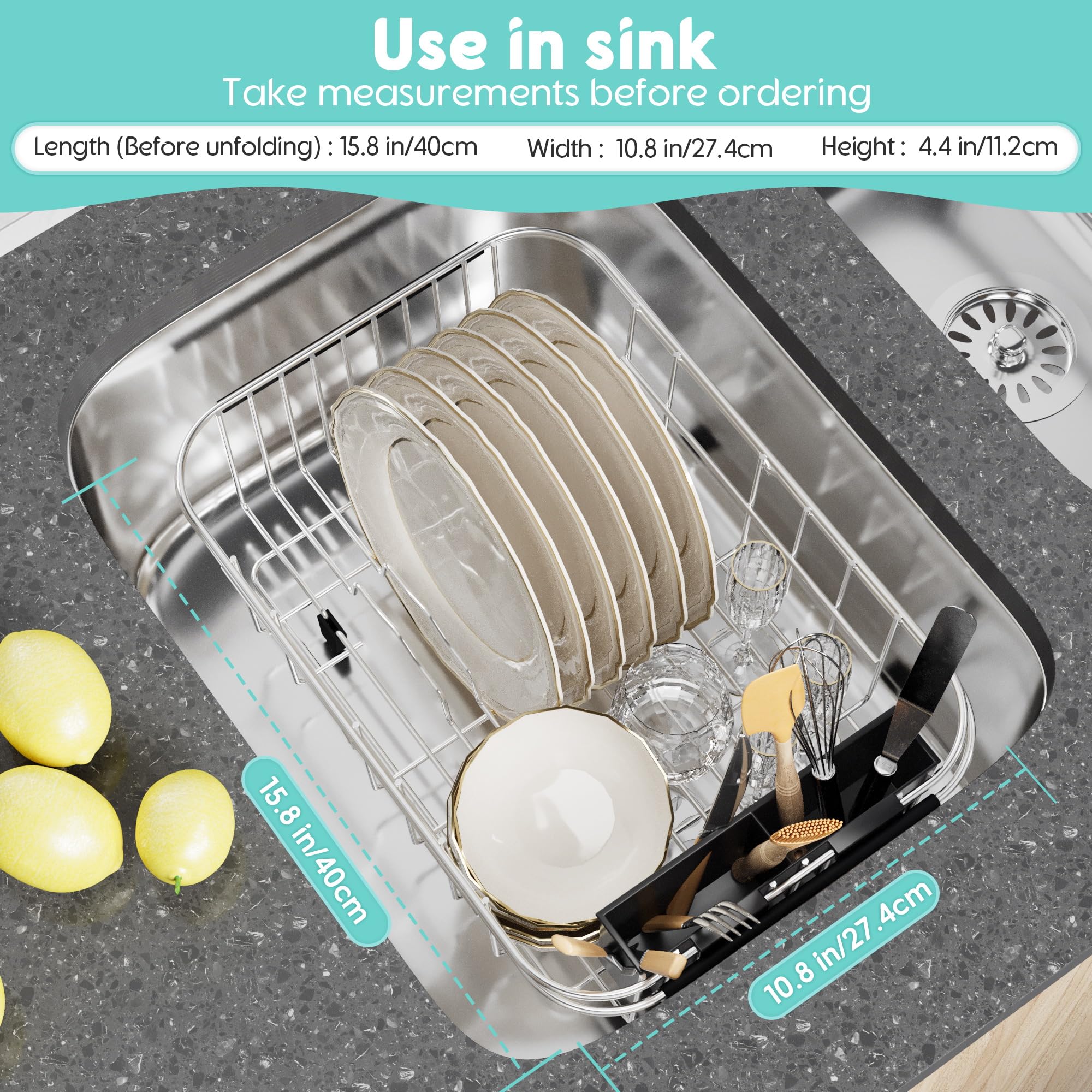 jkxoo Expandable Dish Drying Rack, Adjustable Over The Sink Dish Drying Rack with Black Utensil Storage Holder, 304 Stainless Steel Dish Racks for Kitchen Counter in Sink or On Counter