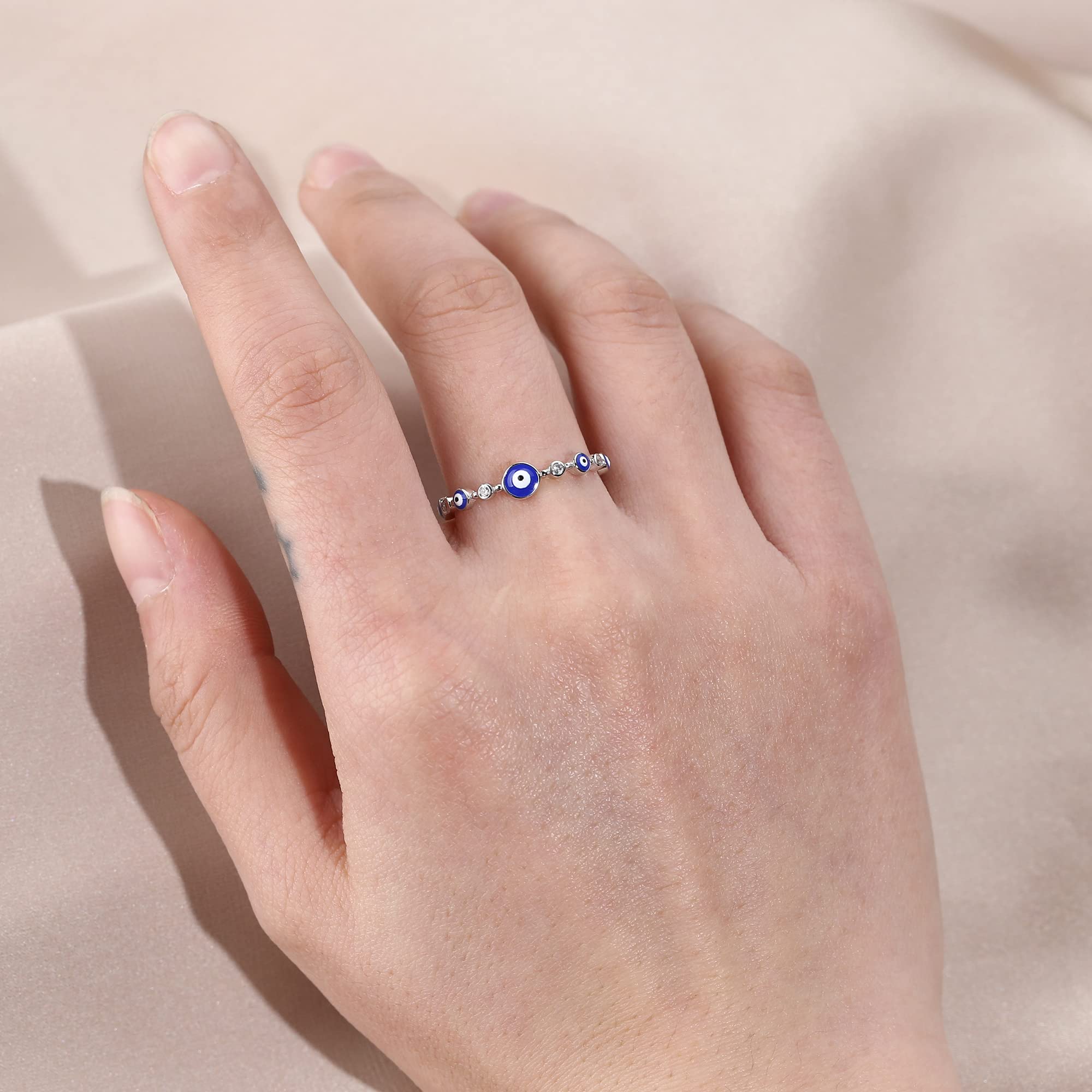MUSECLOUD Evil Eye Ring for Women White Gold Plated 925 Sterling Silver Evil Eye Ring Minimalist Blue Eye Band Ring Protection Jewelry Size 5-10 (Blue, 9)