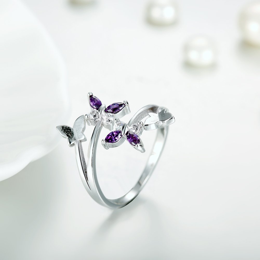 MAIHAO Women's Adjustable Size 925 Sterling Silver Butterfly White Birthstone CZ Butterfly Shape Purple Austrian Crystals Rings