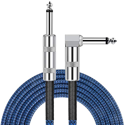 JOLGOO 1/4 Inch Cable Guitar Cable 10 Ft Straight to Right Angle 1/4 Inch 6.35mm Plug Bass Keyboard Instrument Cable Blue and Black Tweed Cloth Jacket, electric mandolin, pro audio
