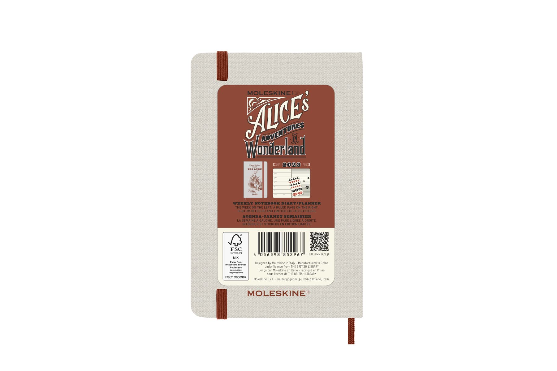 Moleskine Limited Edition Alice In Wonderland 12 Month 2023 Weekly Planner, Hard Cover, Pocket (3.5" x 5.5"), Rabbit