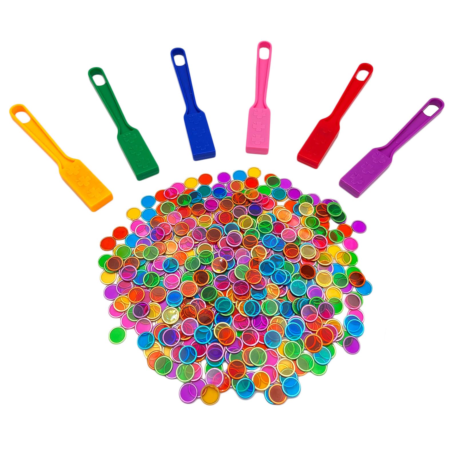 JUNWRROW Magnetic Bingo Wand with Chips,6-Pack& 600 Metal Chips, 6 Color Metal Chips-for Large Group Games,Family Game Night, Sensory Bins,Counting and Sorting,Science& Educational Activities