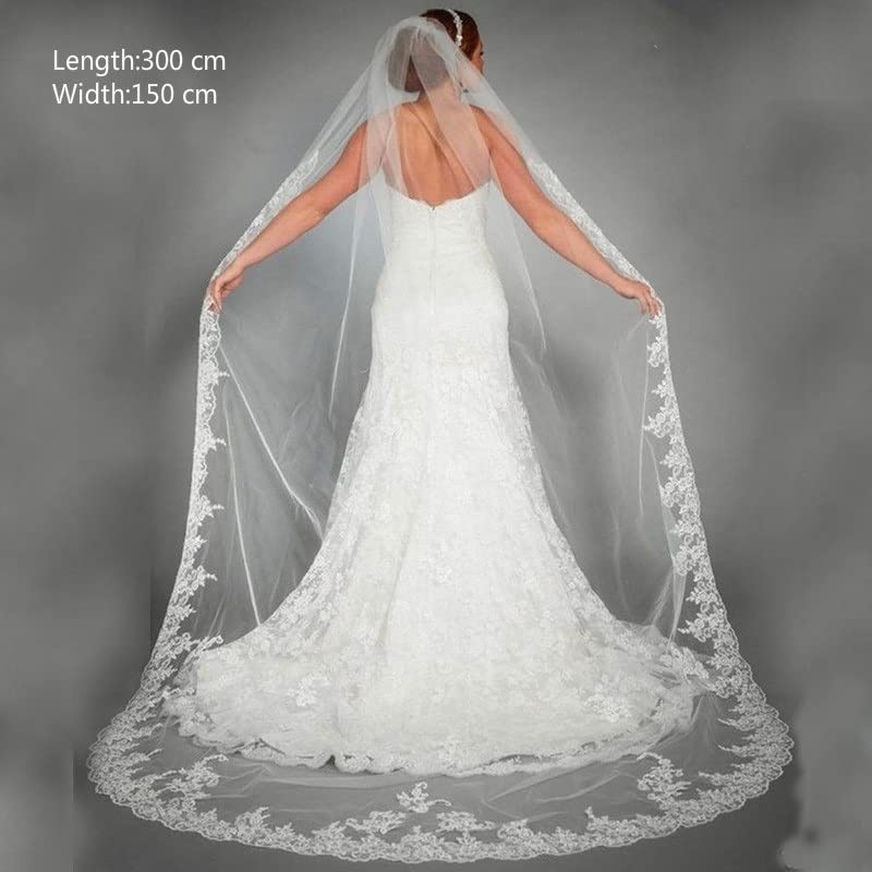 MXIAOXIA Wedding Accessories Appliques Tulle Long Cathedral Veils Lace Edge 3 Meters