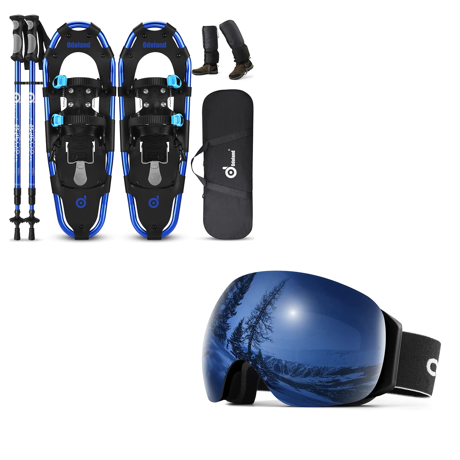 Odoland Bundle - 2 Items 4-in-1 Snowshoes with Trekking Poles, Blue, L and Detachable Magnetic Snow Ski Goggles, Black Frame Blue Lens, VLT 12.6%