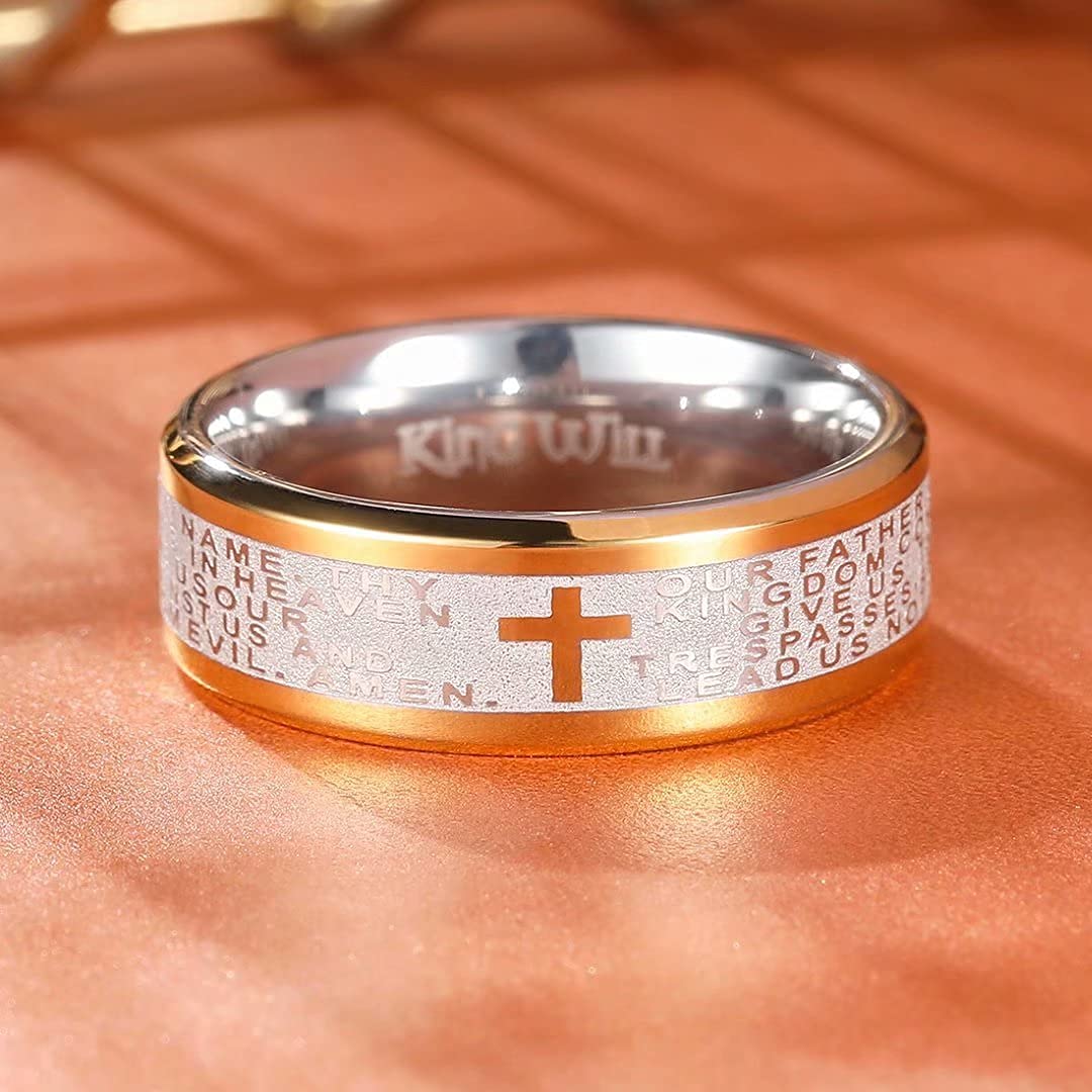 King Will 8mm Gold Side Silver Stainless Steel Ring Lord's Prayer Ring Cross Wedding Band rings High Polished 9