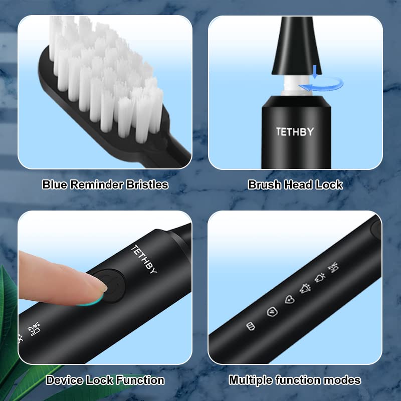 TETHBY Electric Toothbrush with 4 Toothbrush Heads,Sonic Rechargeable Toothbrushes 5 Optional Modes,IPX7 Whitening Electric Tooth Brushes 4 Hours Charge for 30 Days,Tooth Brushes 2-Minute Timer, Black