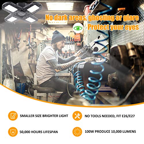 Led Garage Lights, Deformable Garage Light 10000LM, 100W Shop Lights for Garage, Ultra-Bright Lamps with 4 Adjustable Panels, Garage Ceiling Light for Workshop/Warehouse