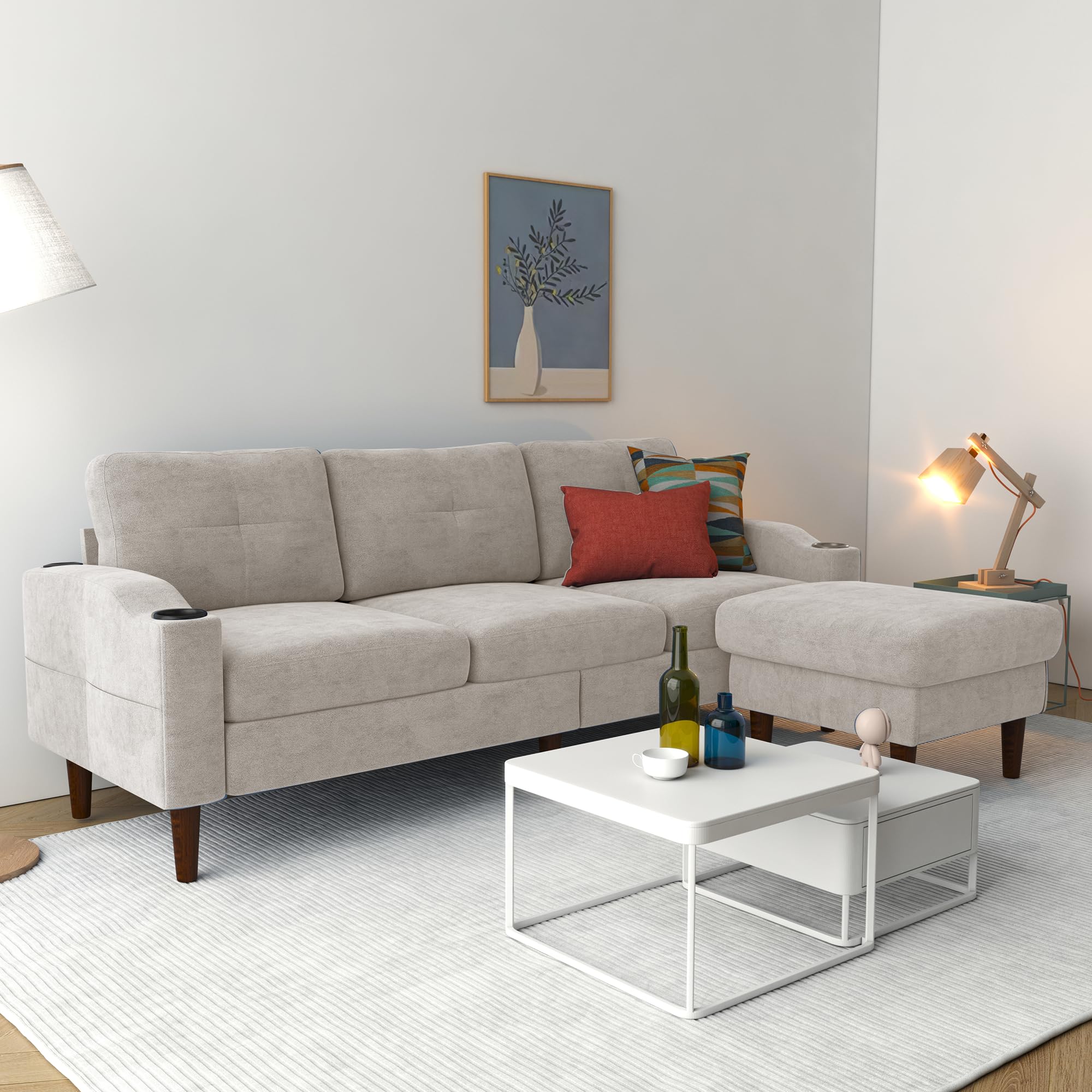 YESER Sofa Couch, Sectional Couch Home Sofa for Living Room 3 Seater, Lounge Sofa with Ottoman, Couch with USB Charging & Cup Holders, L Shaped Modular Sectional Sofa for Office/Small Space, Beige