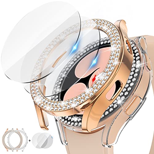 Tensea [2+2Pack] for Samsung Galaxy Watch 4 Screen Protector and Case 40mm, Bling Cover Tempered Glass Protective Film and Hard PC Bumper Diamond Crystal Frame for Women Girls (40mm, Clear-Rose Gold)