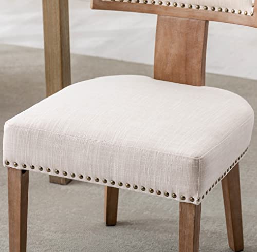 Wahson Set of 4 Farmhouse Kitchen & Dining Room Chairs with Metal Nailhead Trim, Retro Linen Upholstered Dining Chair with Natural Hardwood Legs, Beige