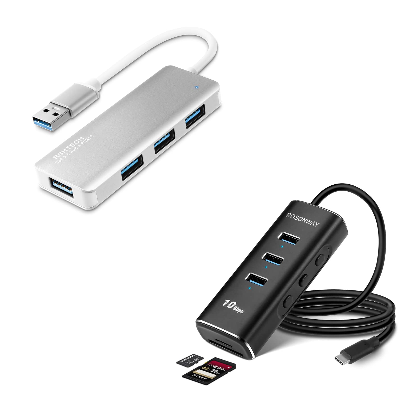 Rosonway 5 in 1 USB C Hub with 3 10Gbps USB 3.2 Data Ports, SD/TF Card Reader + Aluminum 4 Port Ultra Slim USB 3.0 Data Hub