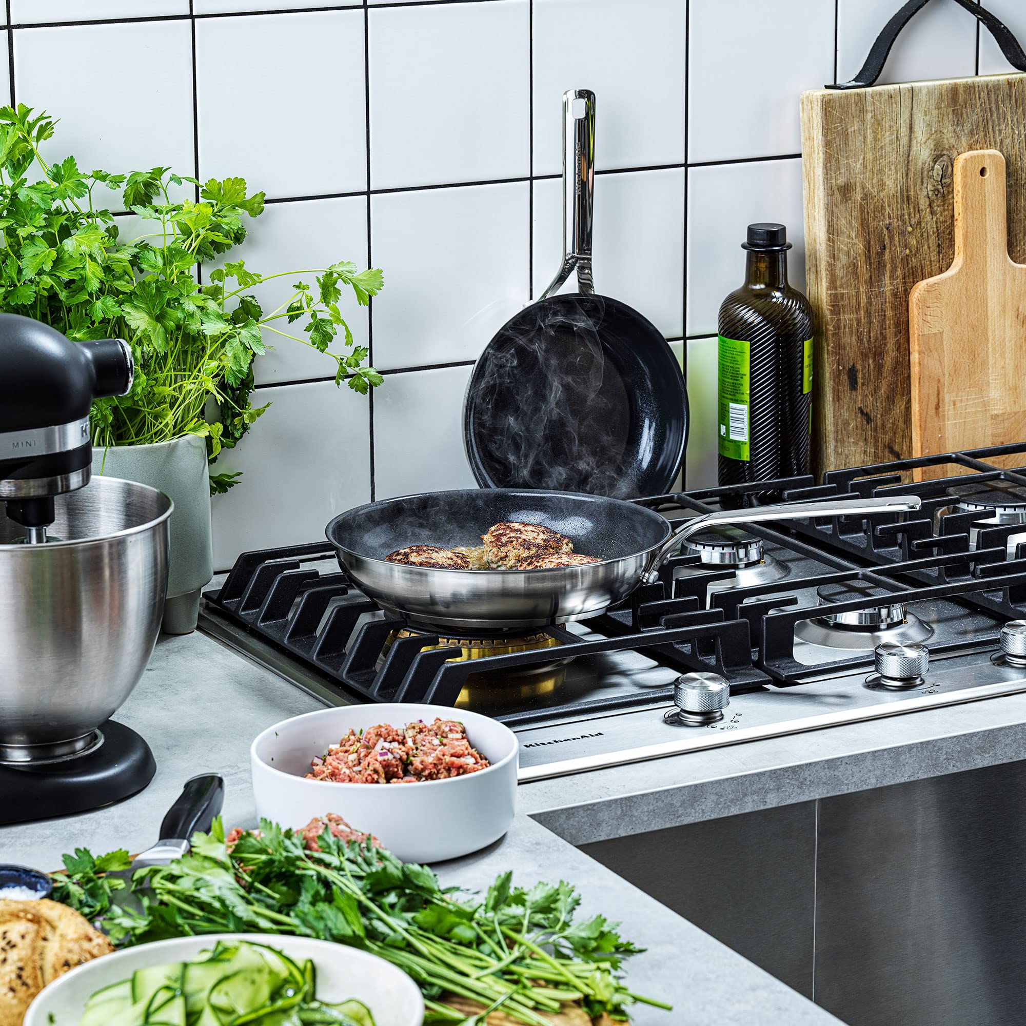 KitchenAid Wok, Non Stick Stainless Steel Wok with Stainless Handle - Induction, Oven & Dishwasher Safe - 28 cm