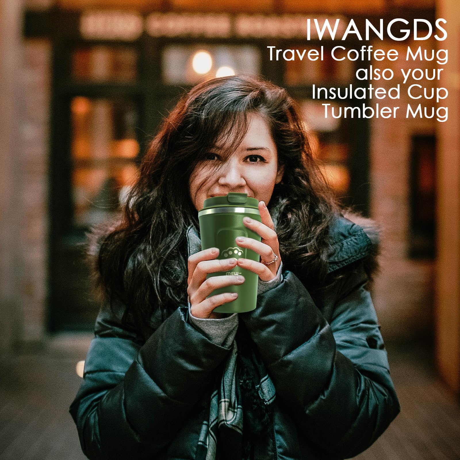 IWANGDS Leak Proof Travel Coffee Mug, Insulated Coffee Mug with Lid, Stainless Steel Vacuum Tumbler, Reusable Coffee Cup for Keep Hot Ice Drinks, 13oz Cute Mini Thermos with Cat Paw Pattern (Green*1)