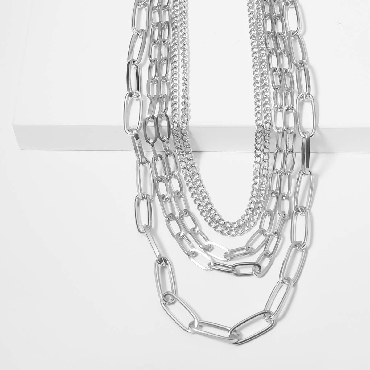 Layered Necklaces for women 18 Inch Paperclip Chain Silver Tone Choker Necklace Chains Punk Jewelry (Silver 5-layer Chains)