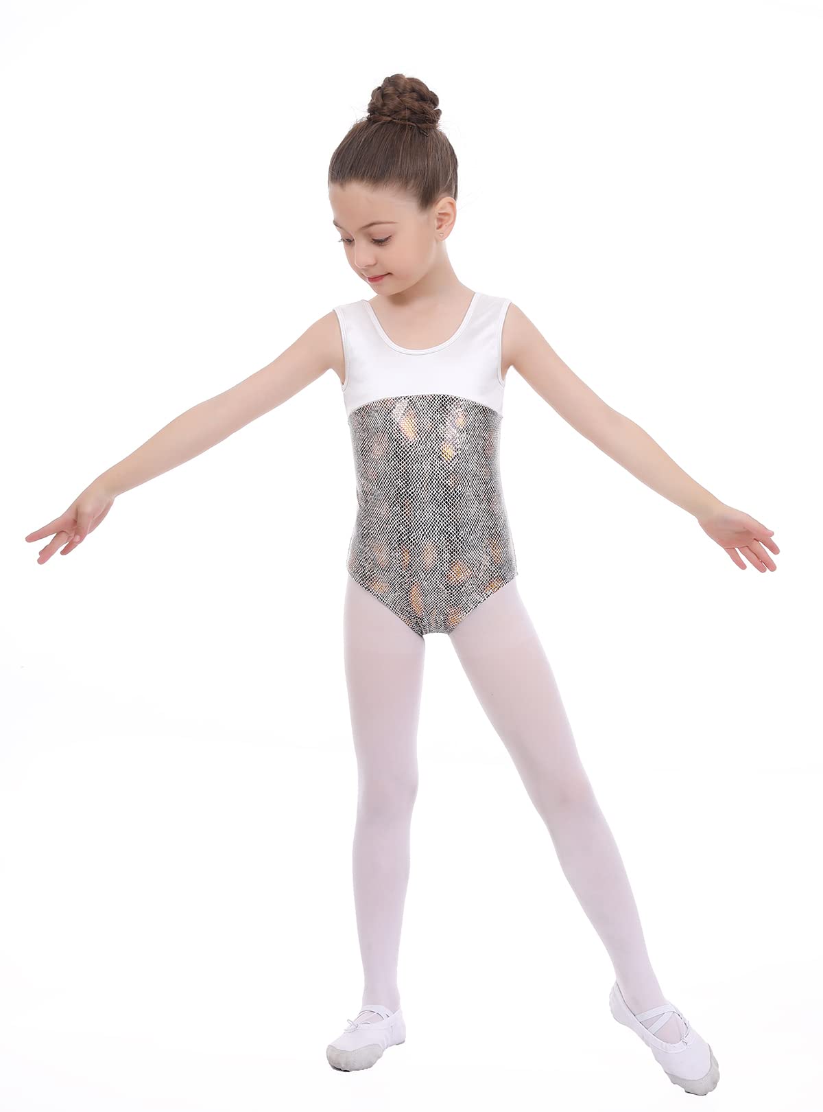 Panegy Leotards for Girl Gymnastics Kids Print Athletic Bodysuits Practice Dance Outfits One Piece Ballet Leotards White