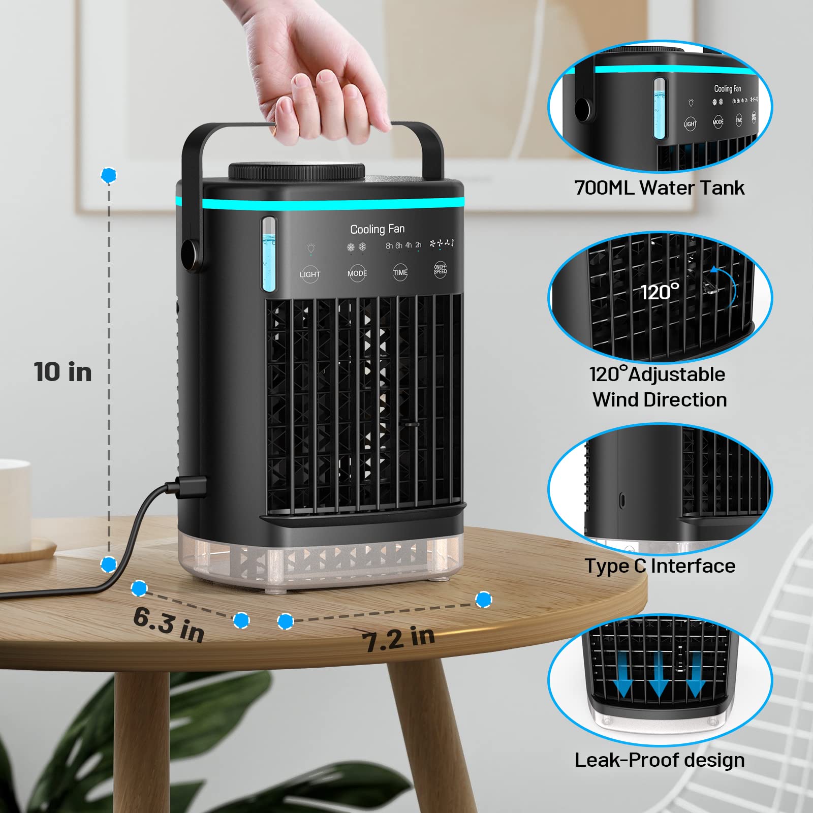 Portable Air Conditioners, Personal Cooling Fan Air Conditioner Portable with 4 Wind Speed & 2 Mist Level & 2-8H Timer & 7 LED Light Mini Evaporative Air Cooler for Home Office Room, Black