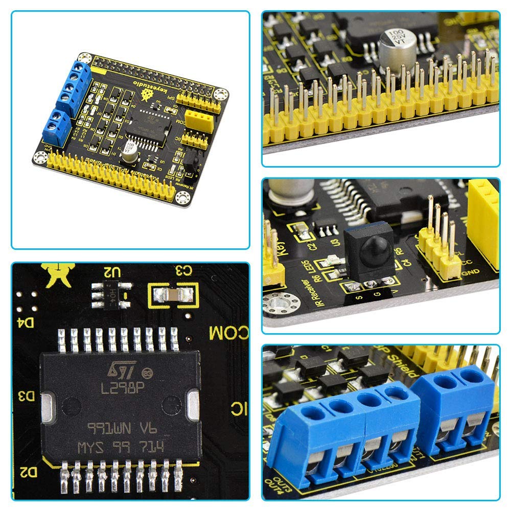 KEYESTUDIO L298P Motor Driver HAT Shield GPIO for Raspberry Pi Model B/B+/A+/2/3/4 Zero and Zero W, High-Power Motor Speed Control Board Dual H Bridge with IR Receiver