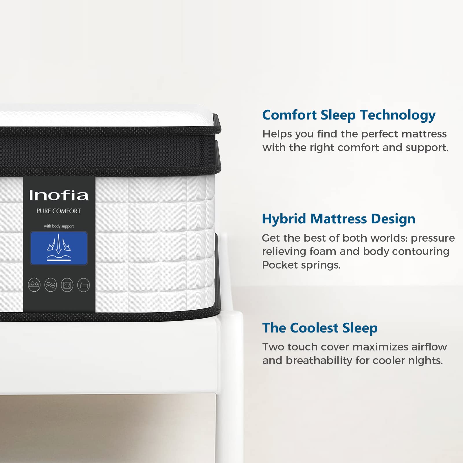 Inofia Queen Mattress, 10 Inch Hybrid Innerspring Double Mattress Cool Bed with Breathable Soft Knitted Fabric Cover, 101 Risk-Free Nights Trial
