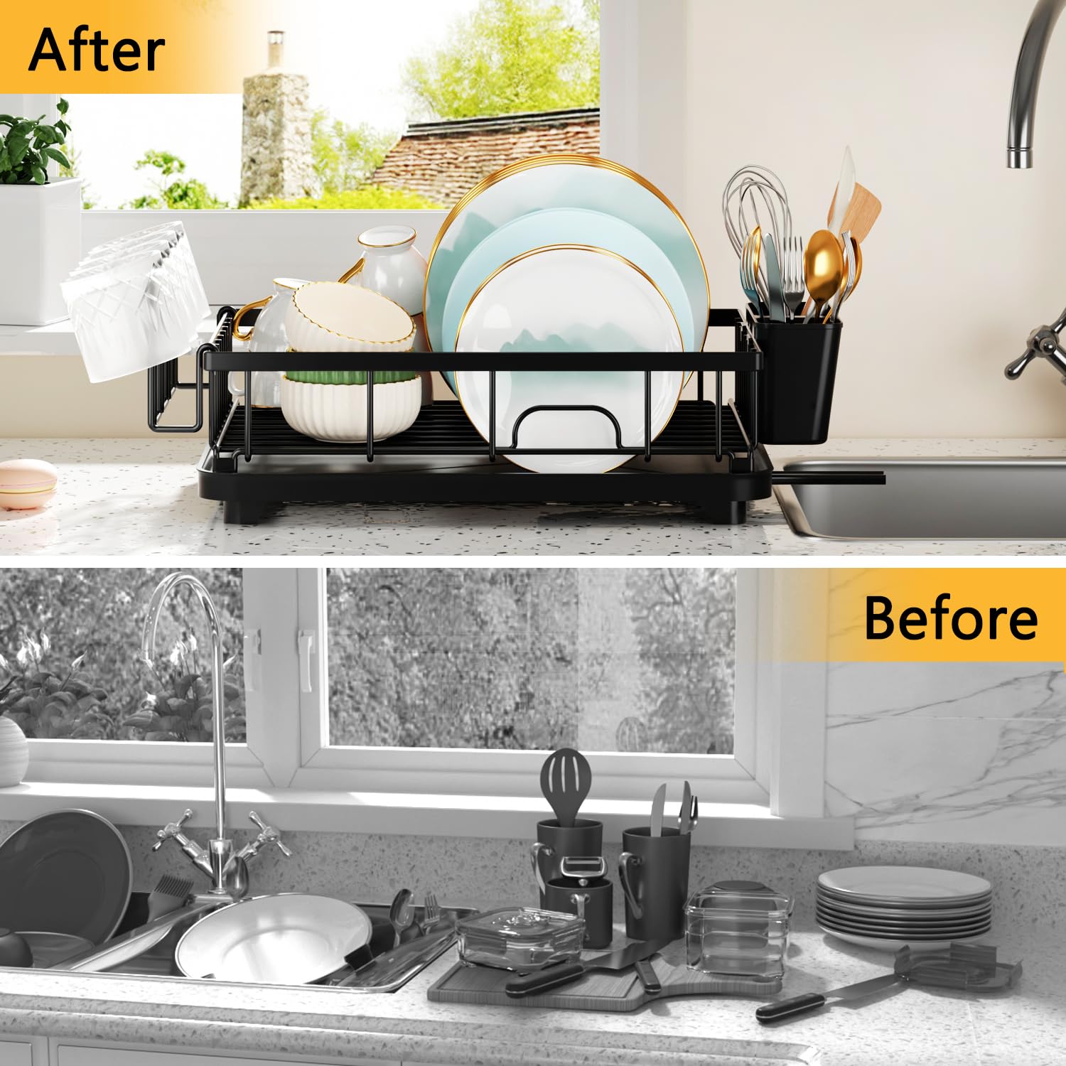 Naturous Dish Drying Rack, Durable Stainless Steel Dish Racks for Kitchen Counter, Space-Saving Compact Dish Rack with Drainborad and Swivel Spout
