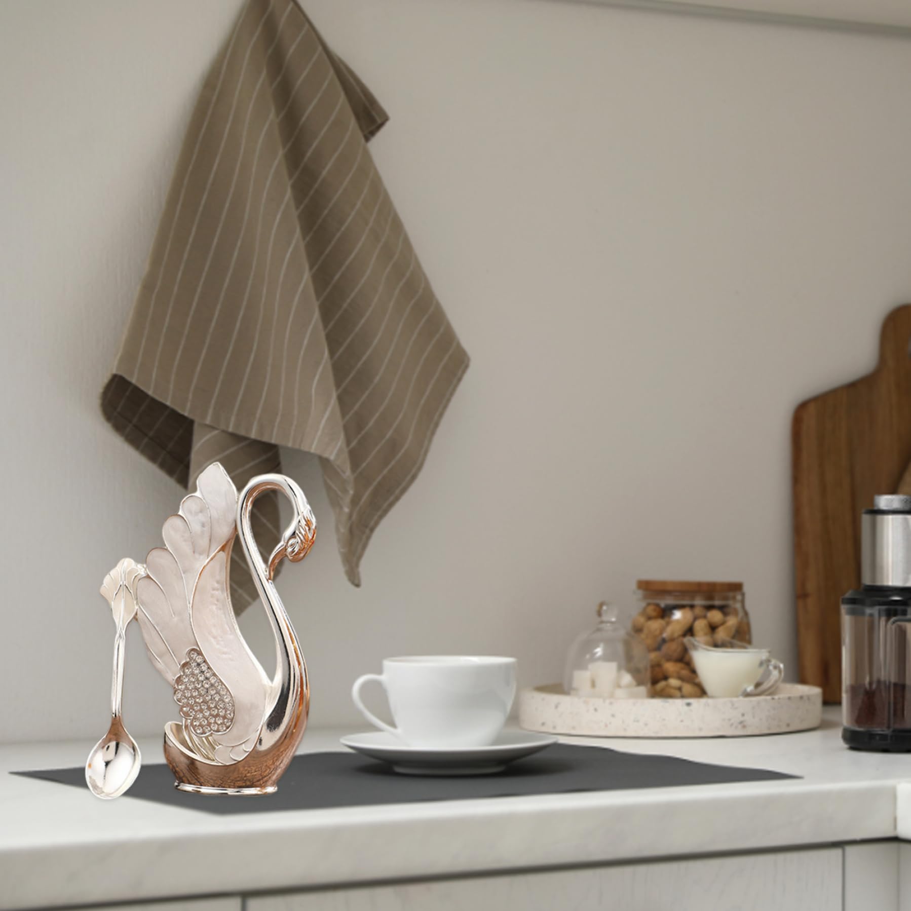 STIVEMIAO Coffee Spoon Holder Decorative Swan Base Holder with 6 Dessert Spoons Set Metal Swan Base Holder Spoon Organizer Flatware Silver Spoons