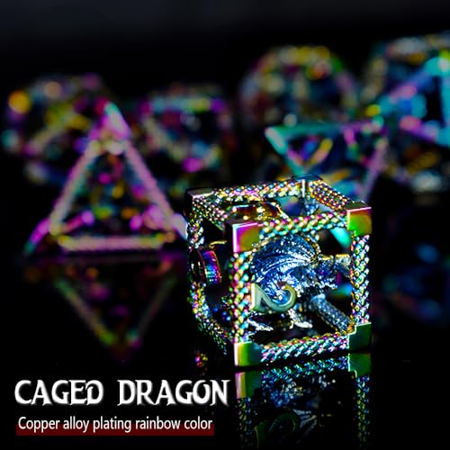 RULE DICE 7pcs Captive Magic Dragon Metal D& D Dice Set, Unique Design, Fantastical Hollow Polyhedral DND Metal Dice, Suitable for Role Playing Games Dungeons and Dragons D&D Dice Set (Rainbow)