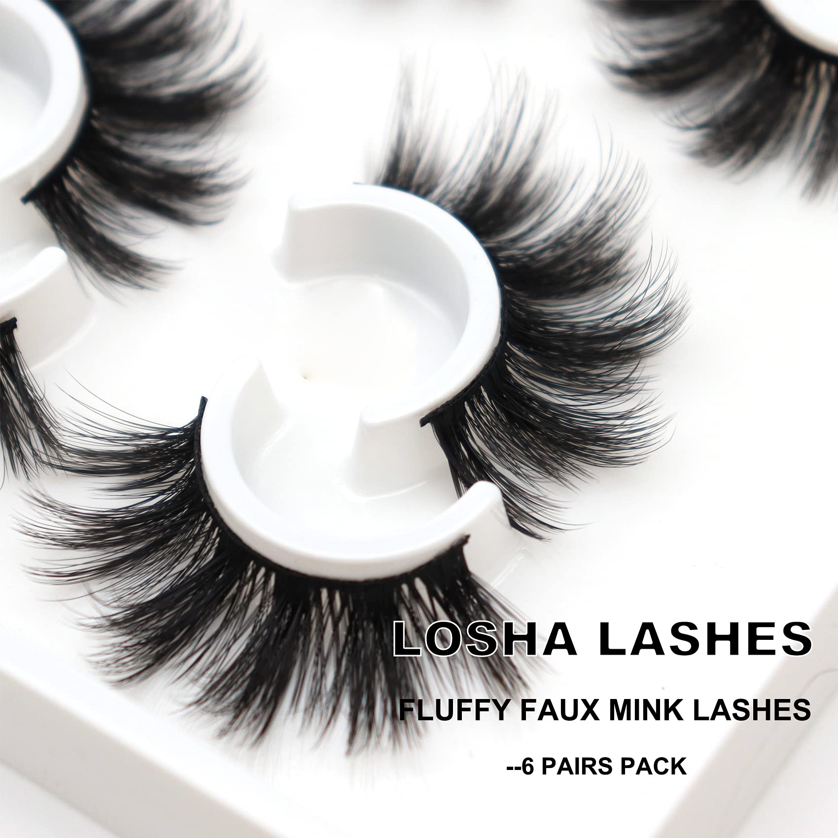 Losha Lashes 6 Pairs Fluffy False Eyelashes for Women 20mm Long Dramatic Faux Mink Strip 5D Lashes Pack for Gorgeous Makeup