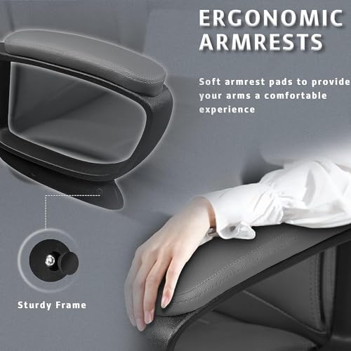 LEMBERI Office Desk Chair, Big and Tall Managerial Executive Chair, High Back Computer Chair, Ergonomic Adjustable Height PU Leather Chairs with Cushions Armrest for Long Time Sitting (Dark Grey)
