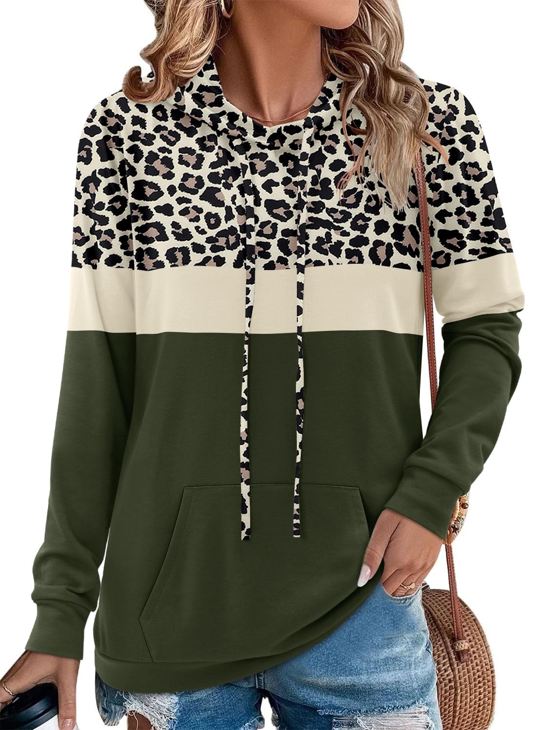 Leopard Print Hoodies for Women Long Sleeve Cheetah Shirts Color Block Fall Tops Drawstring Pullover Sweatshirt L
