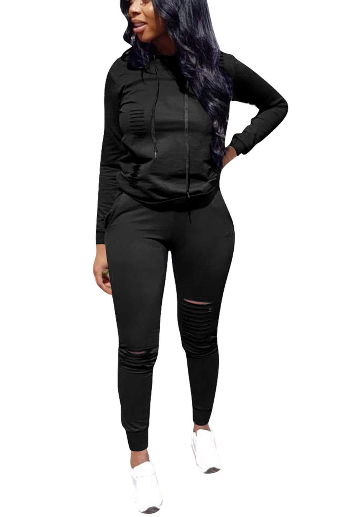 KUBAO Women Hole Pullover Tracksuits Outfits Ripped 2 Piece Jumpsuit Lazy Athletic Activewear Black XL