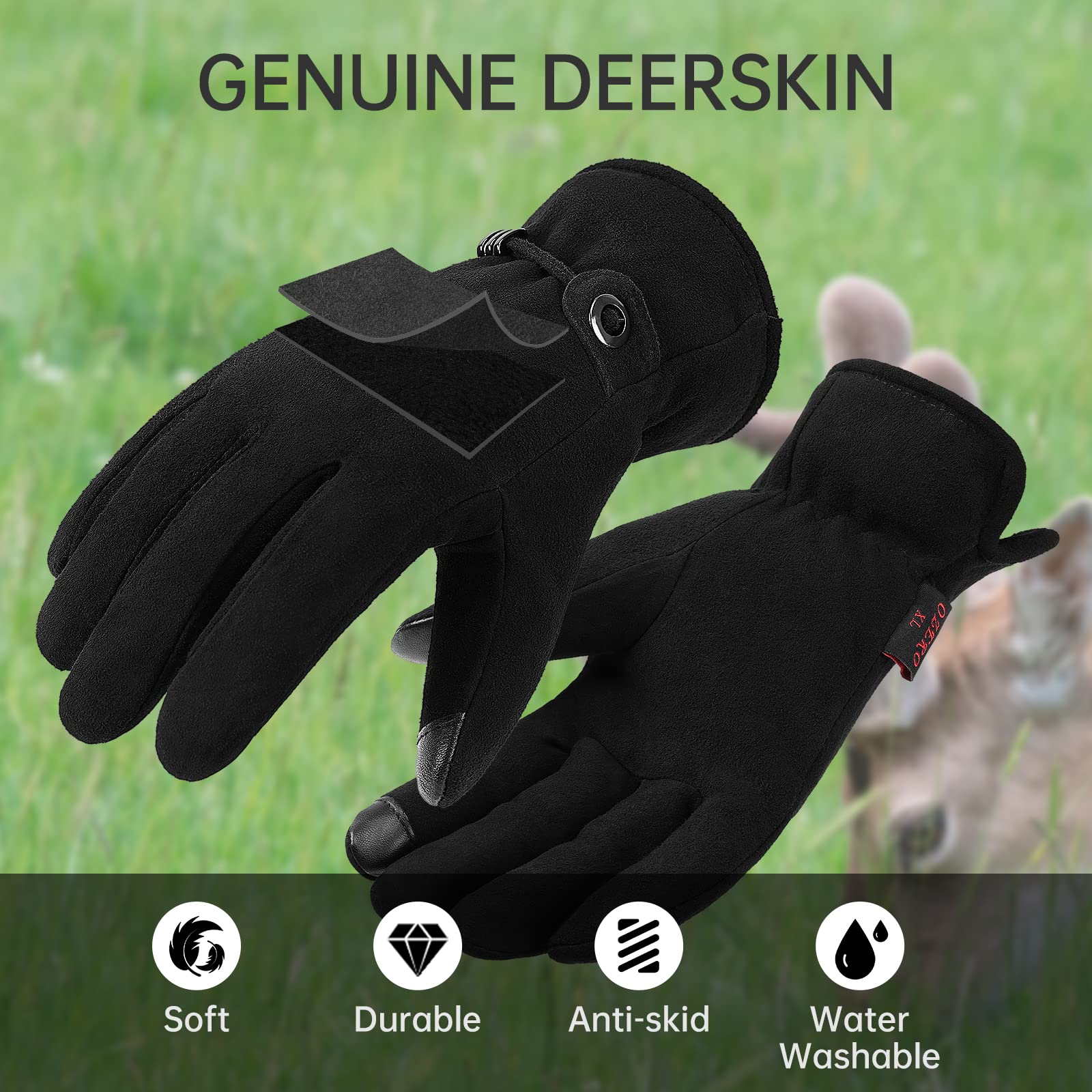 OZERO Women Winter Touchscreen Gloves: Deer Leather Cold Weather Warm Gloves | Womens Lined Black Touch Screen Thermal Gloves for Cycling Running Driving Texting