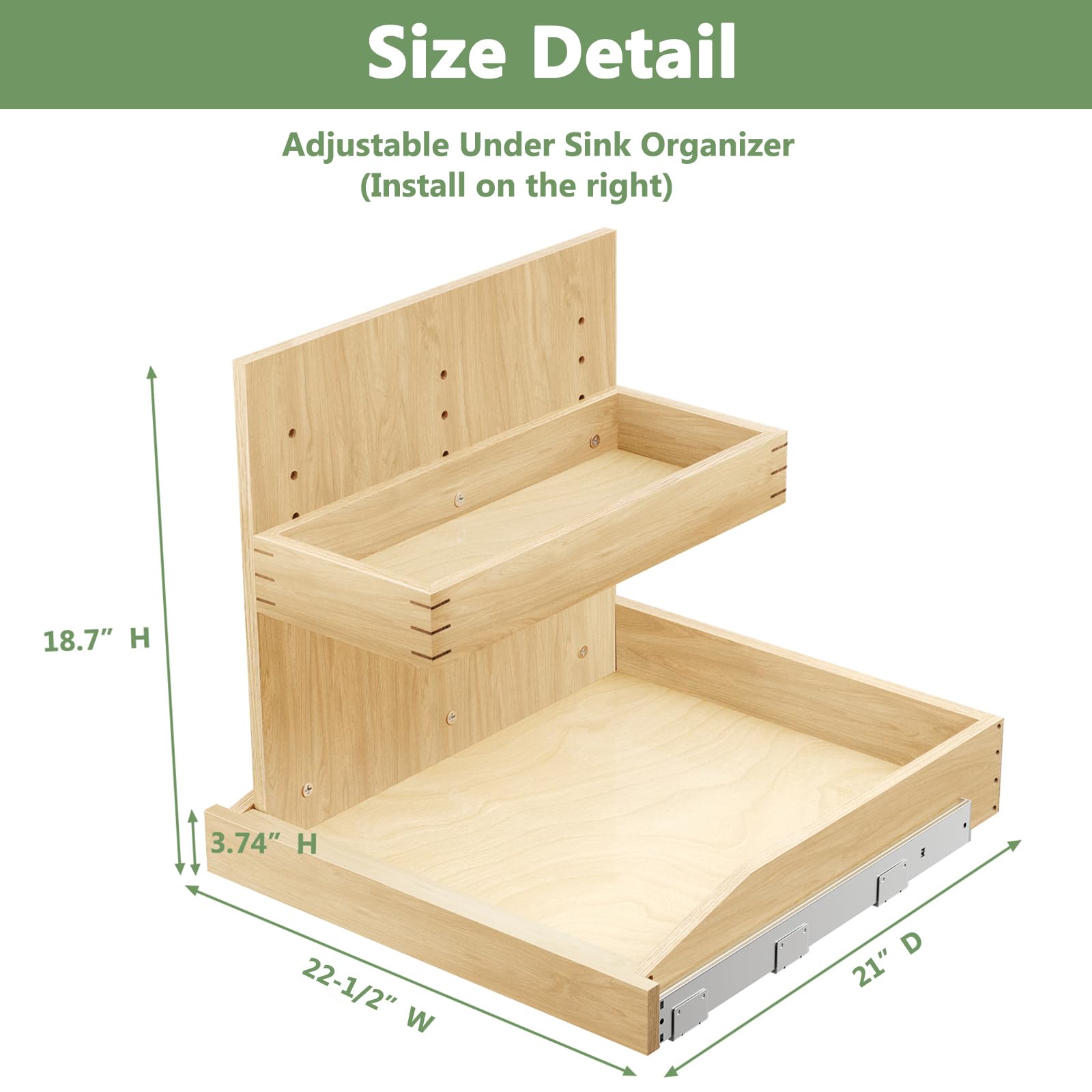 LOVMOR Soft Close Under Sink Organizer 22½” W x 21” D, Pull Out Cabinet Organizer with U Bracket, 2 Tier Slide Out Shelf for Kitchen Bathroom Sink(Left)