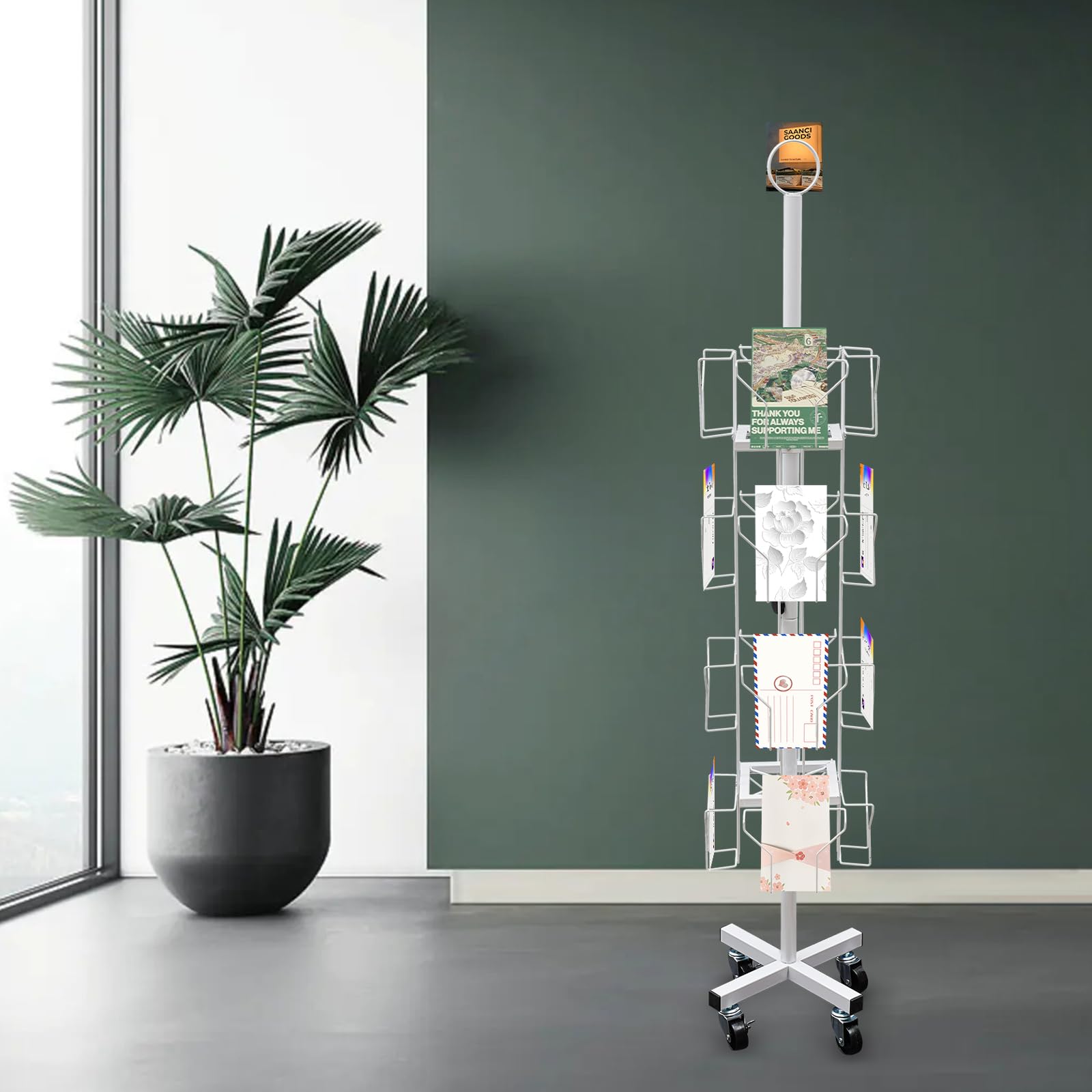 Rotating Greeting Card Display Rack, 4 Tiers Greeting Card Display Rack Christmas with 16 Pockets and 4 Wheels, Rotating Gift Card Display Rack for Vendors, Showcase, Retail, Tradeshow White