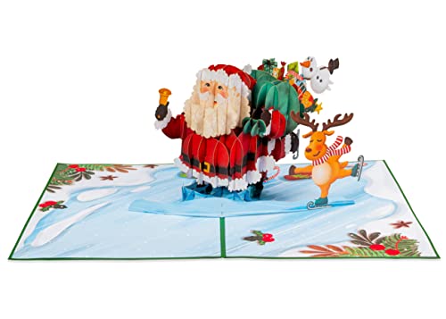 Paper Love 3D Christmas Pop Up Card, Santa and Friends, Handmade 3D Popup Greeting Cards, Gift For Christmas or Holidays, 5" x 7" Cover - Includes Envelope and Note Tag