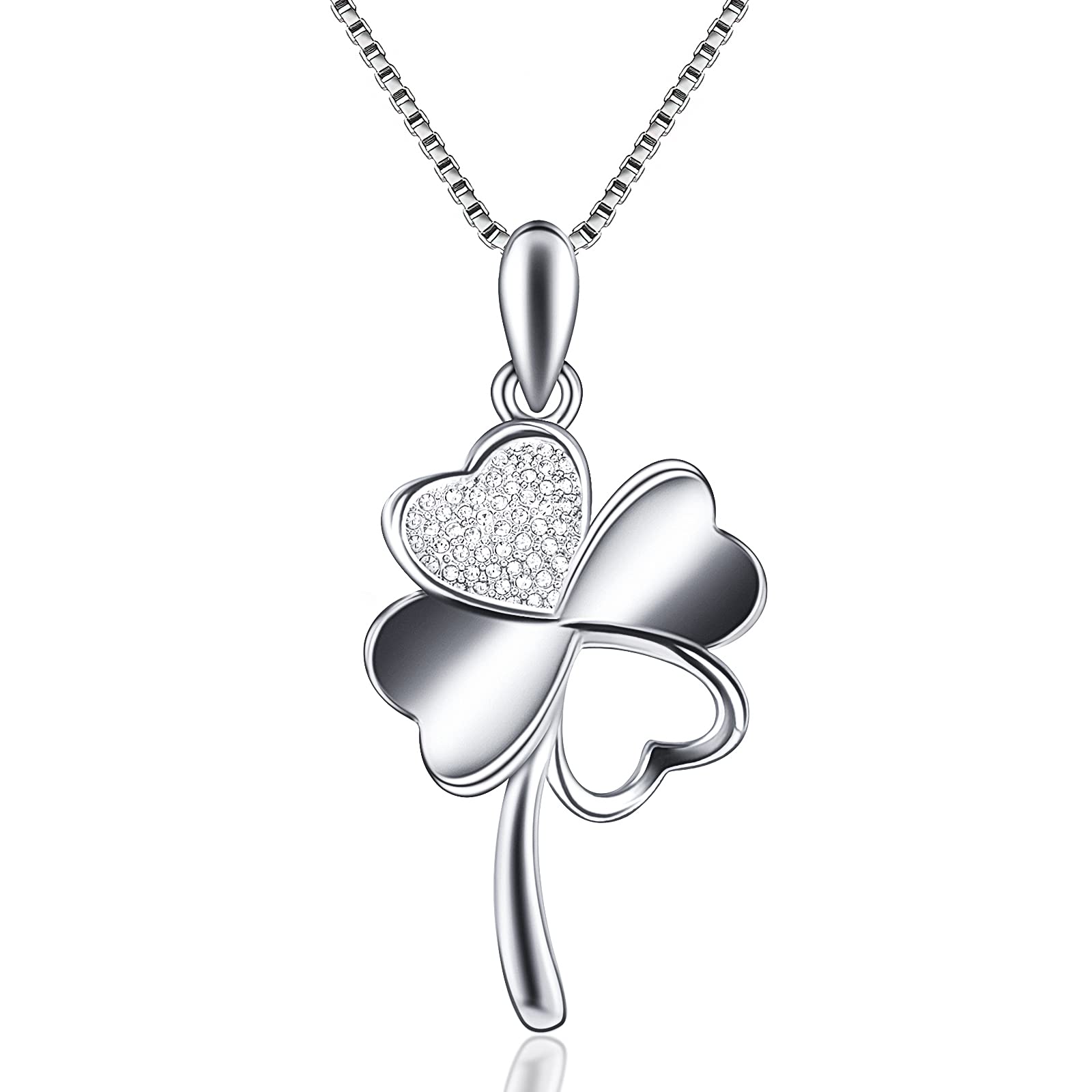 MAJORWARAP Four Leaf Clover Necklace Sterling Silver Shamrock Good Luck Charm Pendant for Women Girl Mom Daughter Birthday Gift