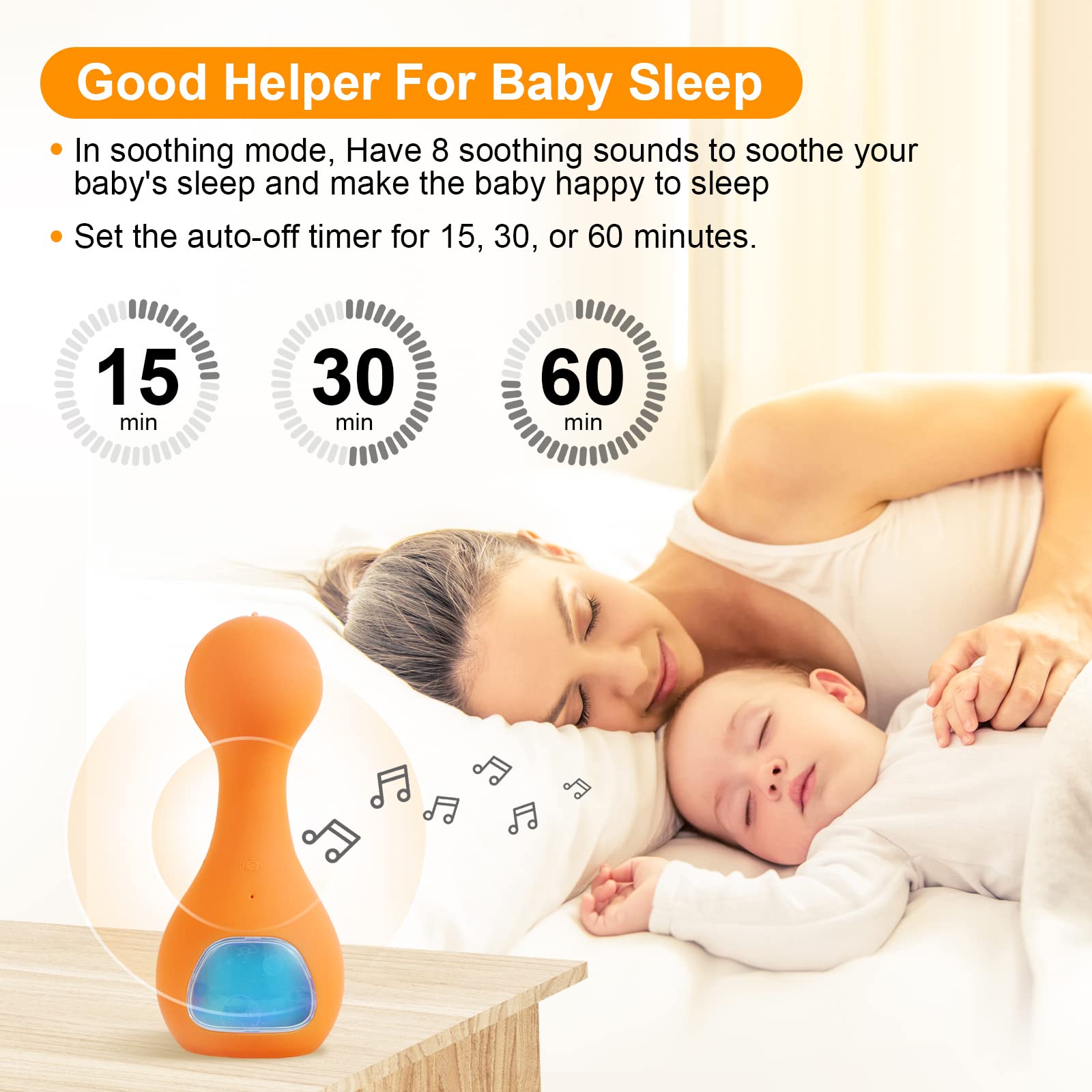 Portable White Noise Sound Machine for Baby，27 Soothing Sounds and 3 Volume Levels，7 NightLights，3 Timers and Memory Function，4 Entertainment Modes，Shushes Baby Kids to Sleep Quickest Way（Orange)