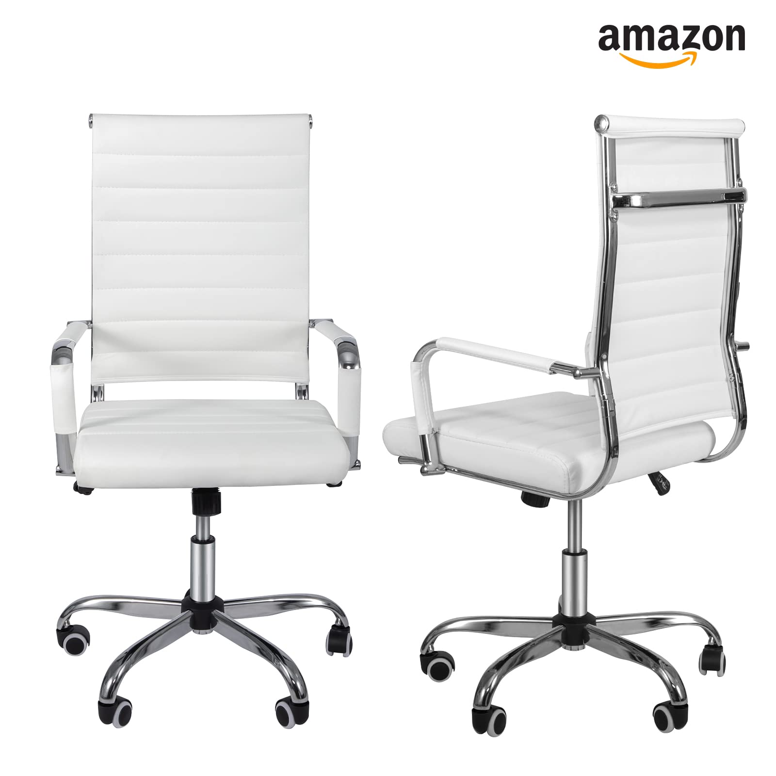 LUCKWIND Office Executive Desk Chair Ribbed - Ergonomic Modern PU Leather Conference Task Chairs Height Adjustable Tilt Rokcer Reception Swivel Arm Chair Rolling Mute (White)