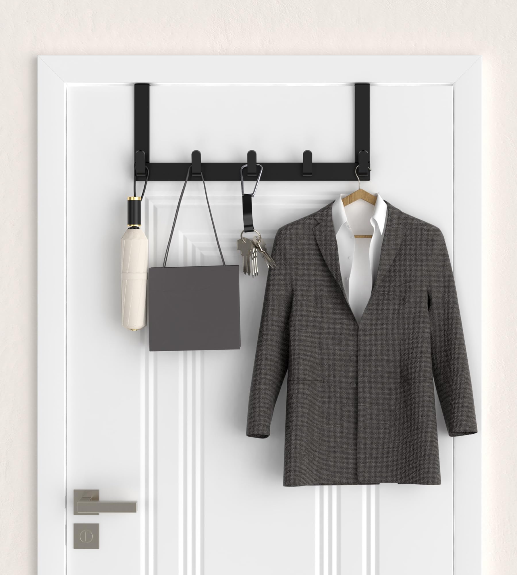 KitchLife Over The Door Hooks Hanger with Extended Arms for Easy Use by Women - Bathroom Accessories and Towel Rack Organization - 1 Pack, Matte Black
